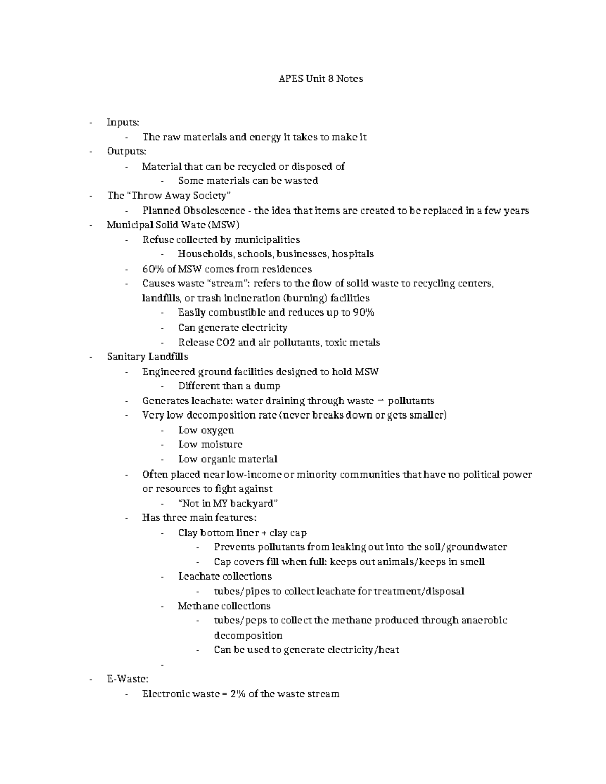 APES Unit 8 notes on waste management and environmental impacts - Studocu
