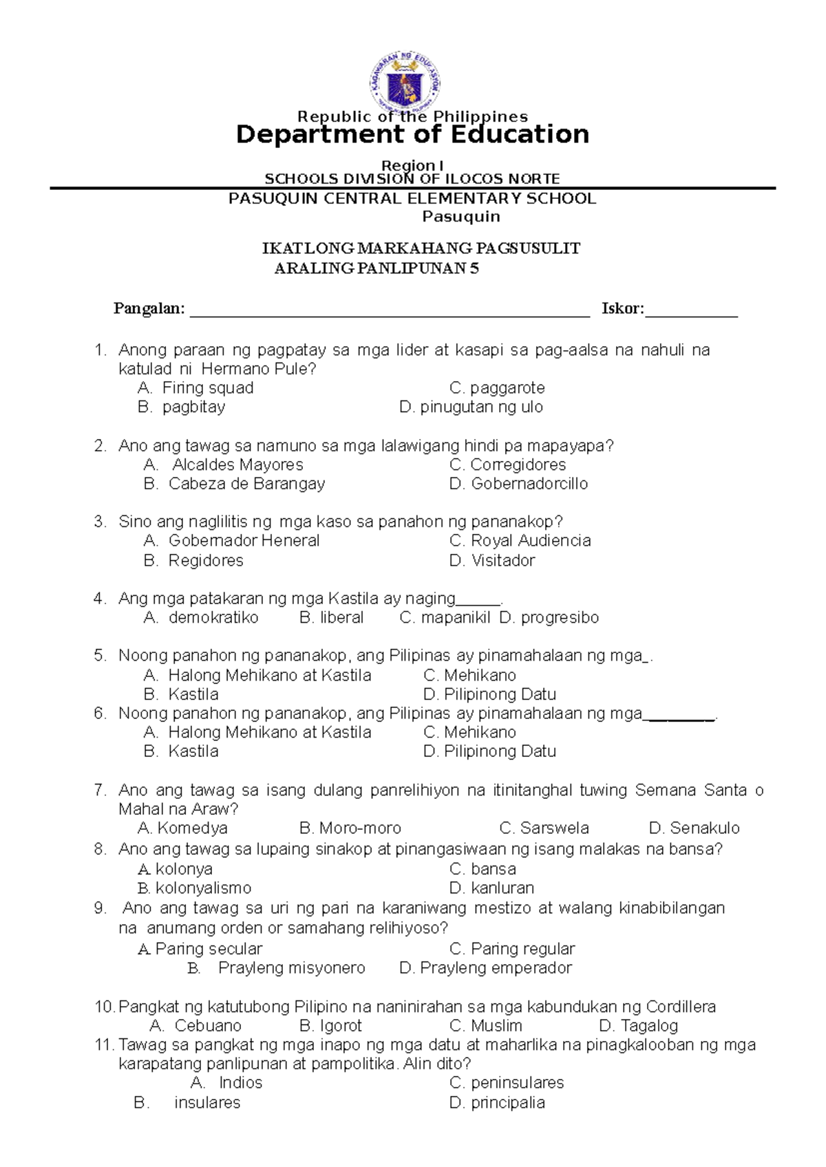 Periodical TEST AP5 Q3 - This a material to assess learners progress ...