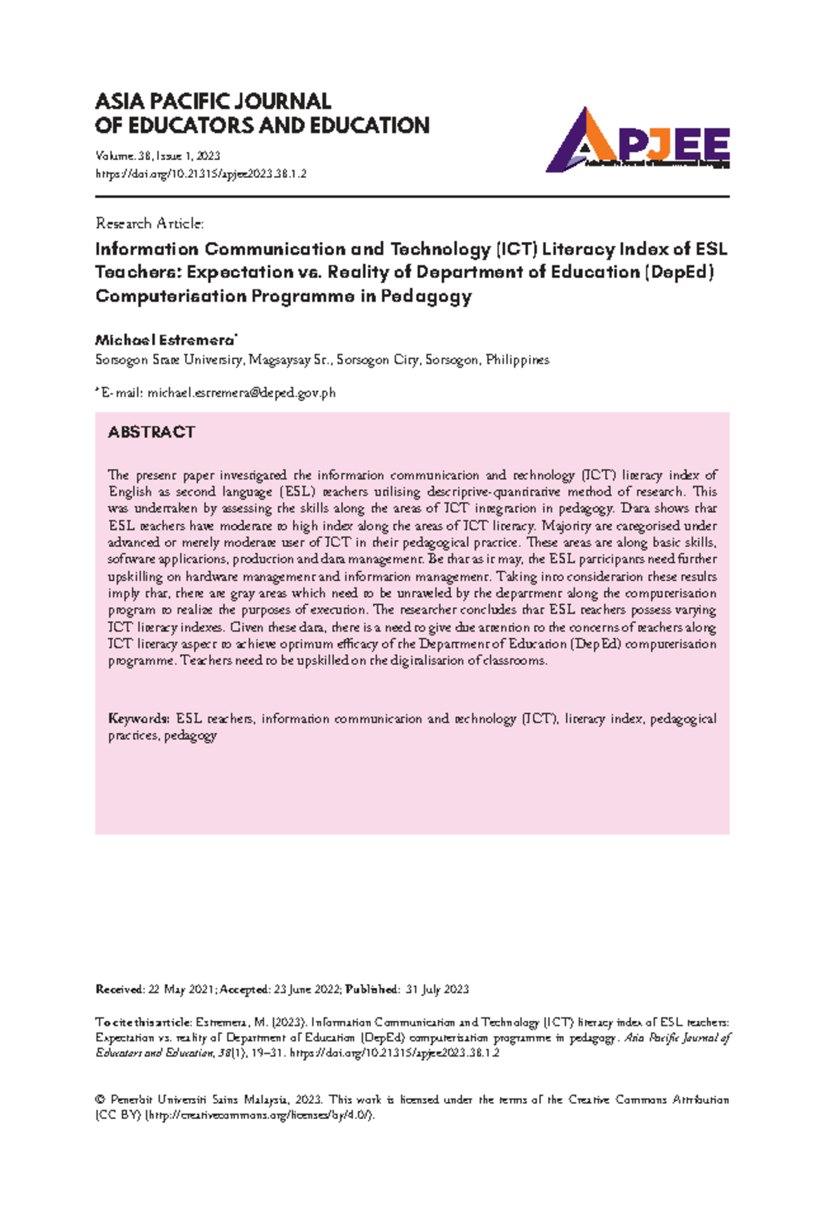 ICT Literacy Index of ESL Teachers: DepEd Computerisation Programme ...