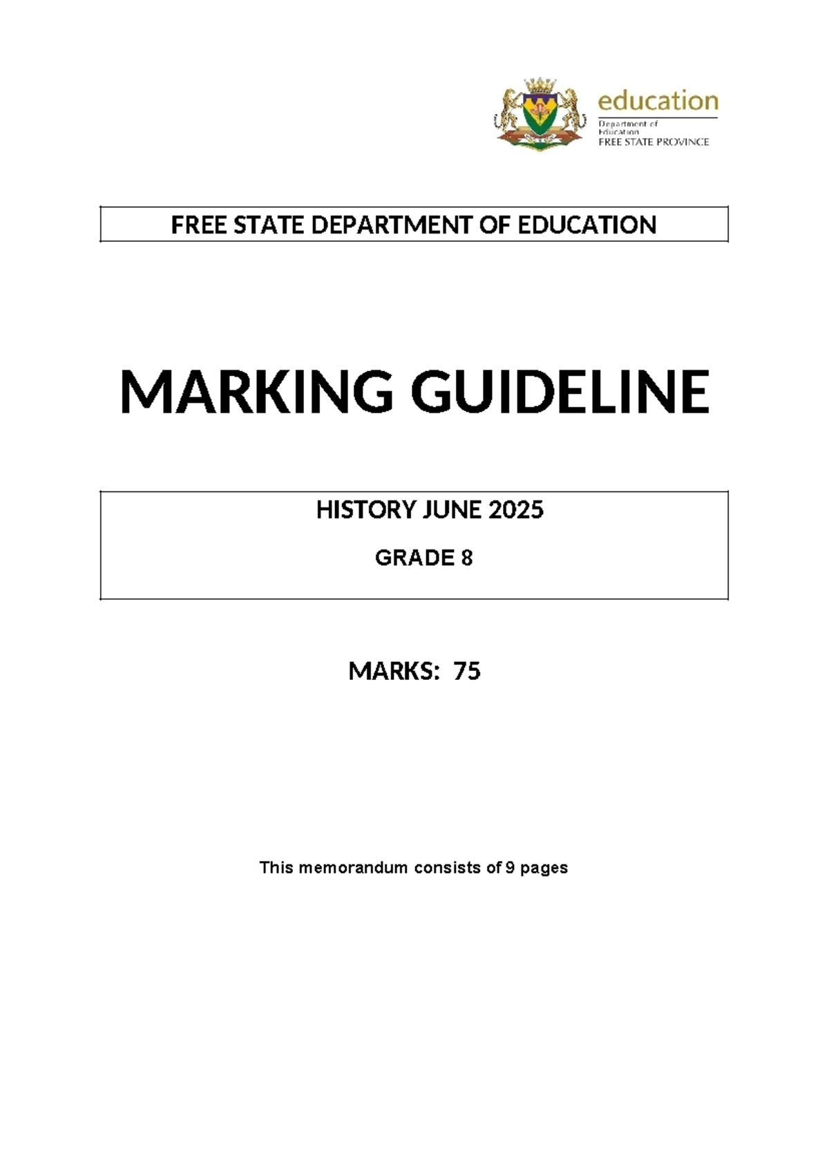 SS History Grade 8 June Exam Memo 2025: Marking Guidelines - Studocu