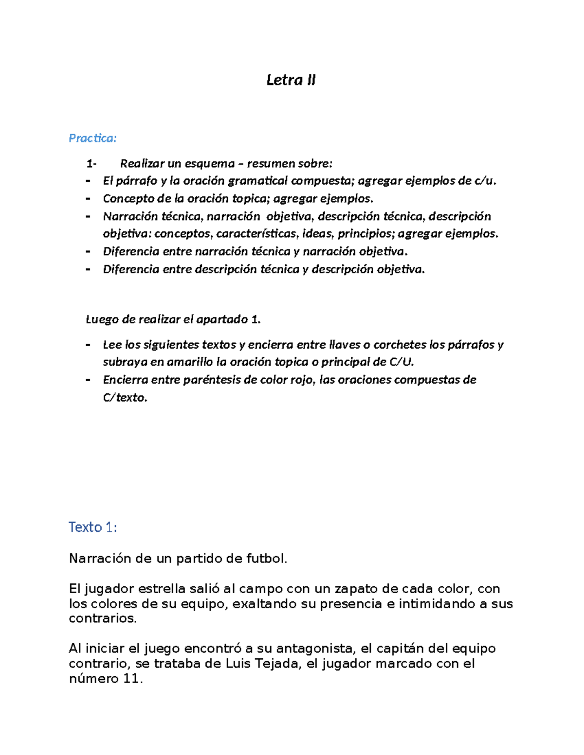 Letra II Practica: Resumen y Análisis de Oraciones y Narraciones - Studocu