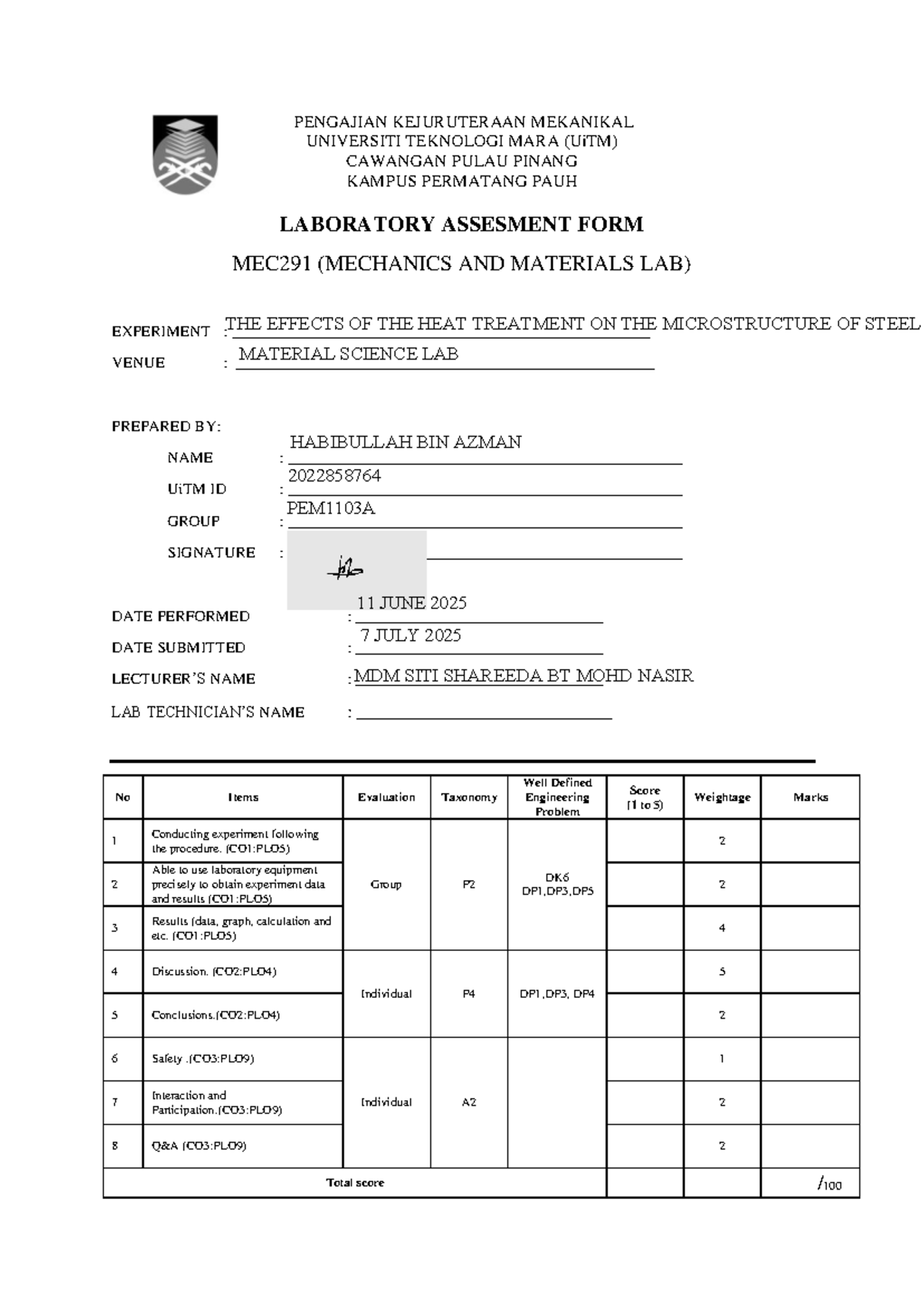 MEC291 Lab Assessment: Effects of Heat Treatment on Steel ...