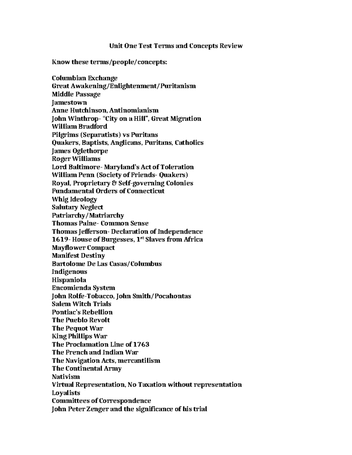 Colonial America Unit 1 Test: Key Terms & Concepts Review - Studocu