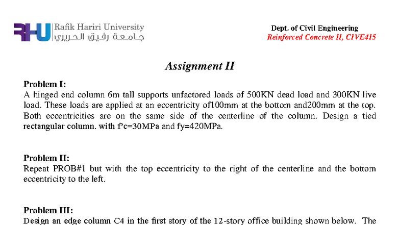 CIVE415 Assignment II: Design of Hinged End Columns and Edge Column ...