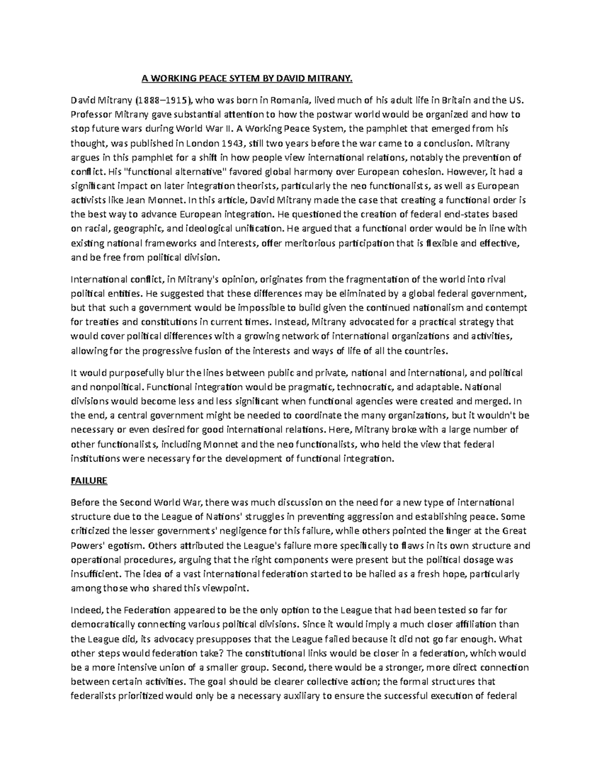 A Working Peace Sytem BY David Mitrany - A WORKING PEACE SYTEM BY DAVID ...