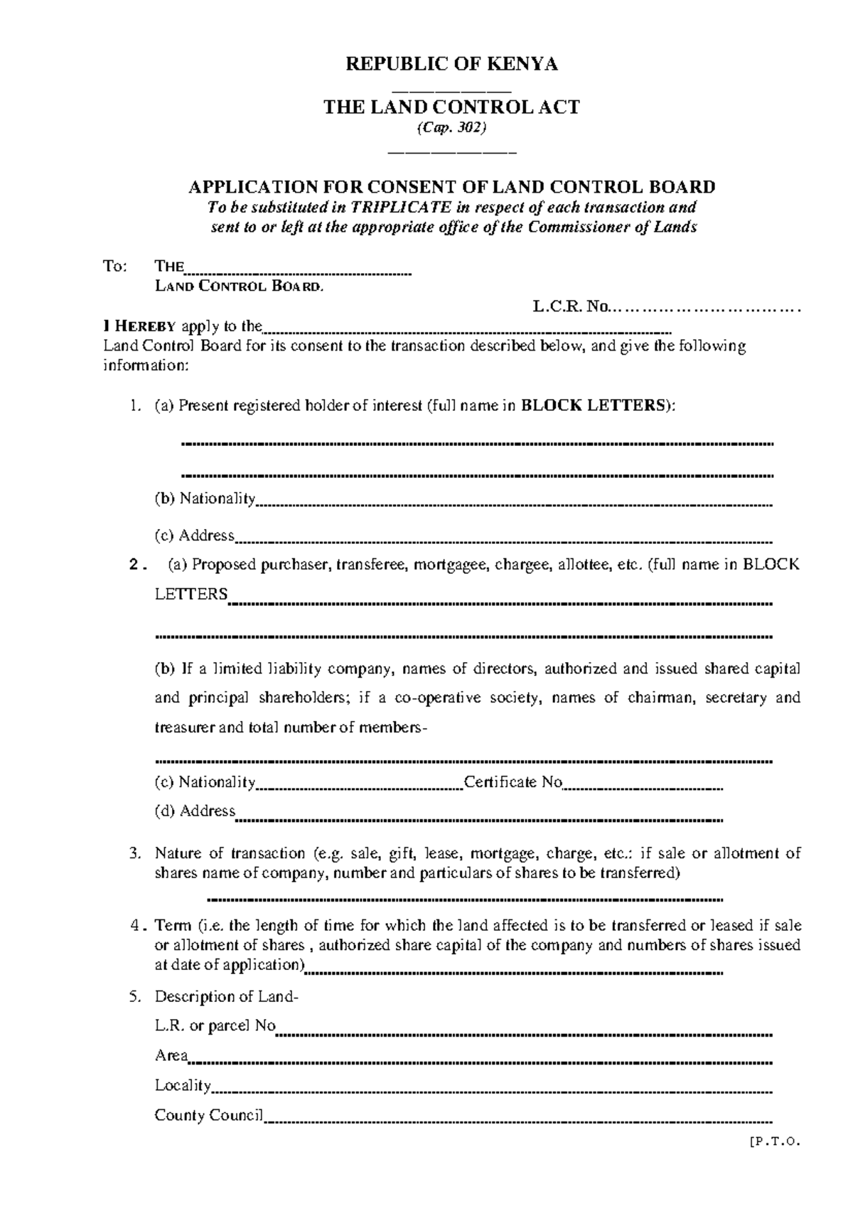 Land Control Act Consent Application Form - Kenya (Cap. 302) - Studocu