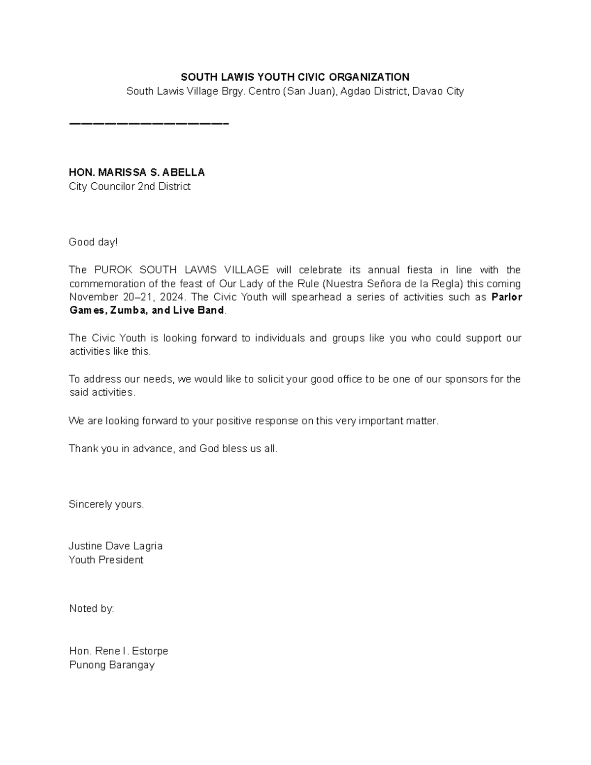 South Lawis SOLI Letter 1 - South Lawis Village Brgy. Centro (San Juan), Agdao District, Davao ...