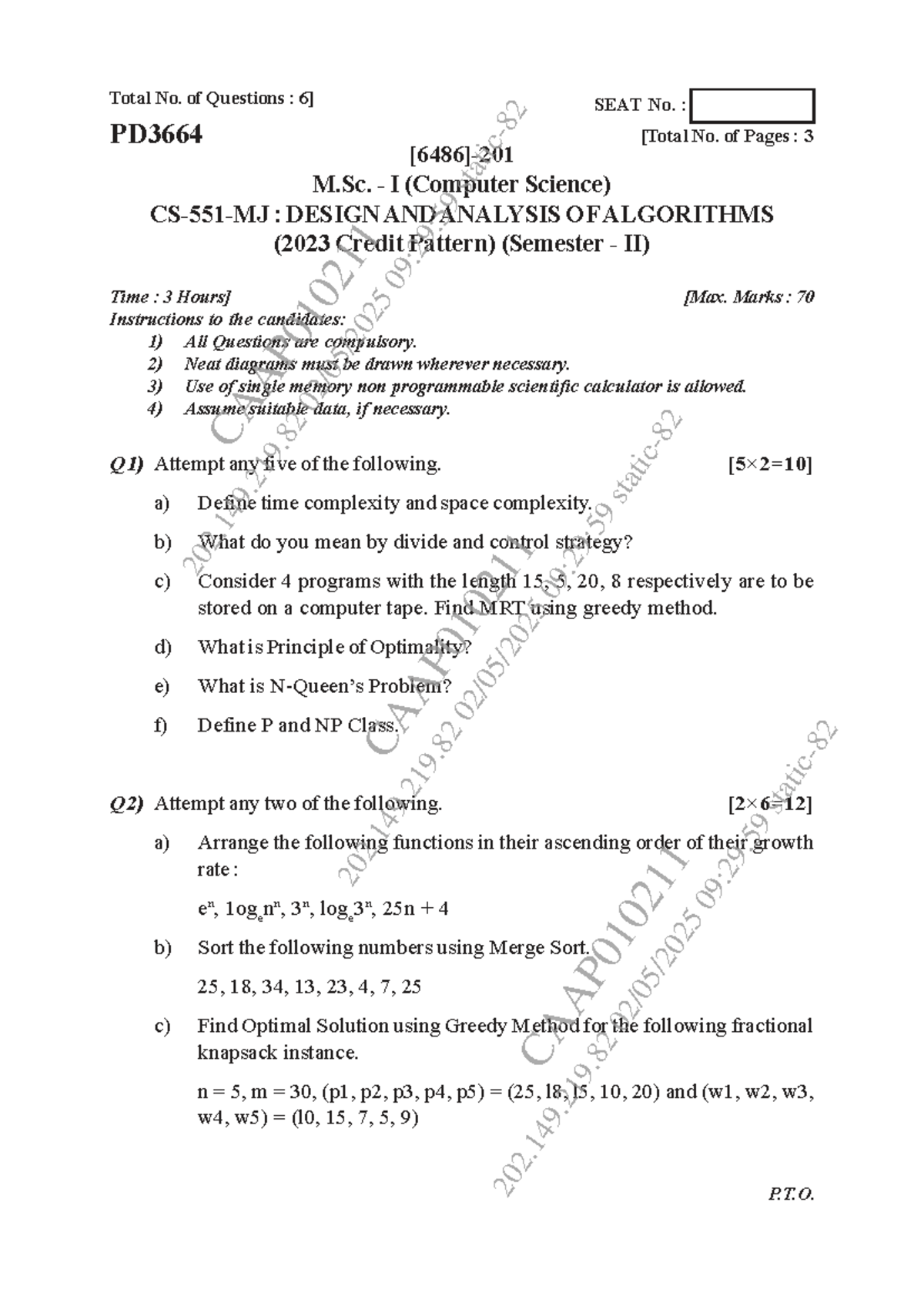DAA PD3664 - Question Paper for Design & Analysis of Algorithms (Apr 2025) - Studocu