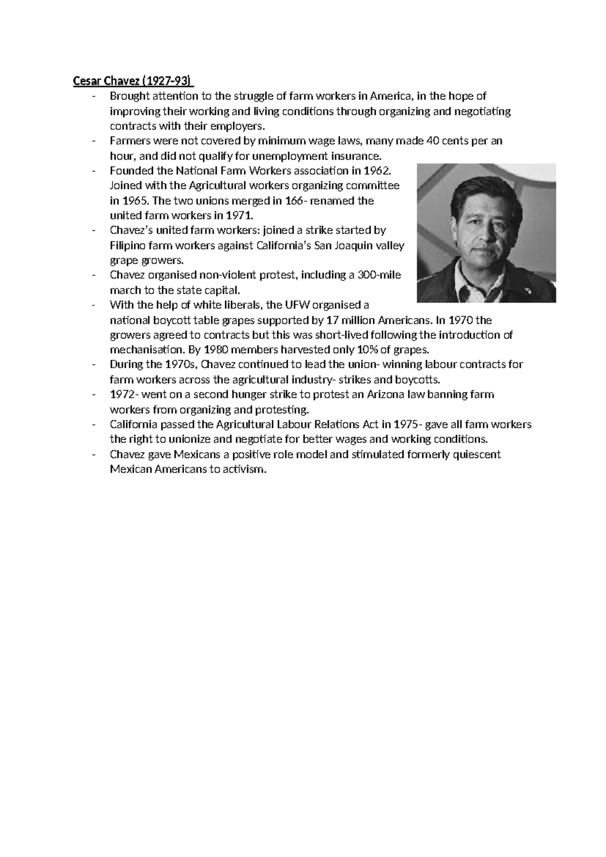 Cesar Chavez: Advocate for Farm Workers' Rights and Unionization - Studocu