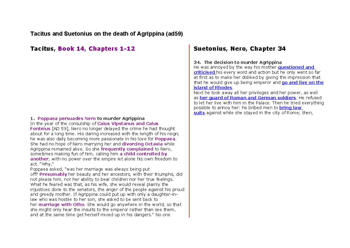 Death of Ag excerpts Tacitus and Suetonius - Tacitus and Suetonius on ...