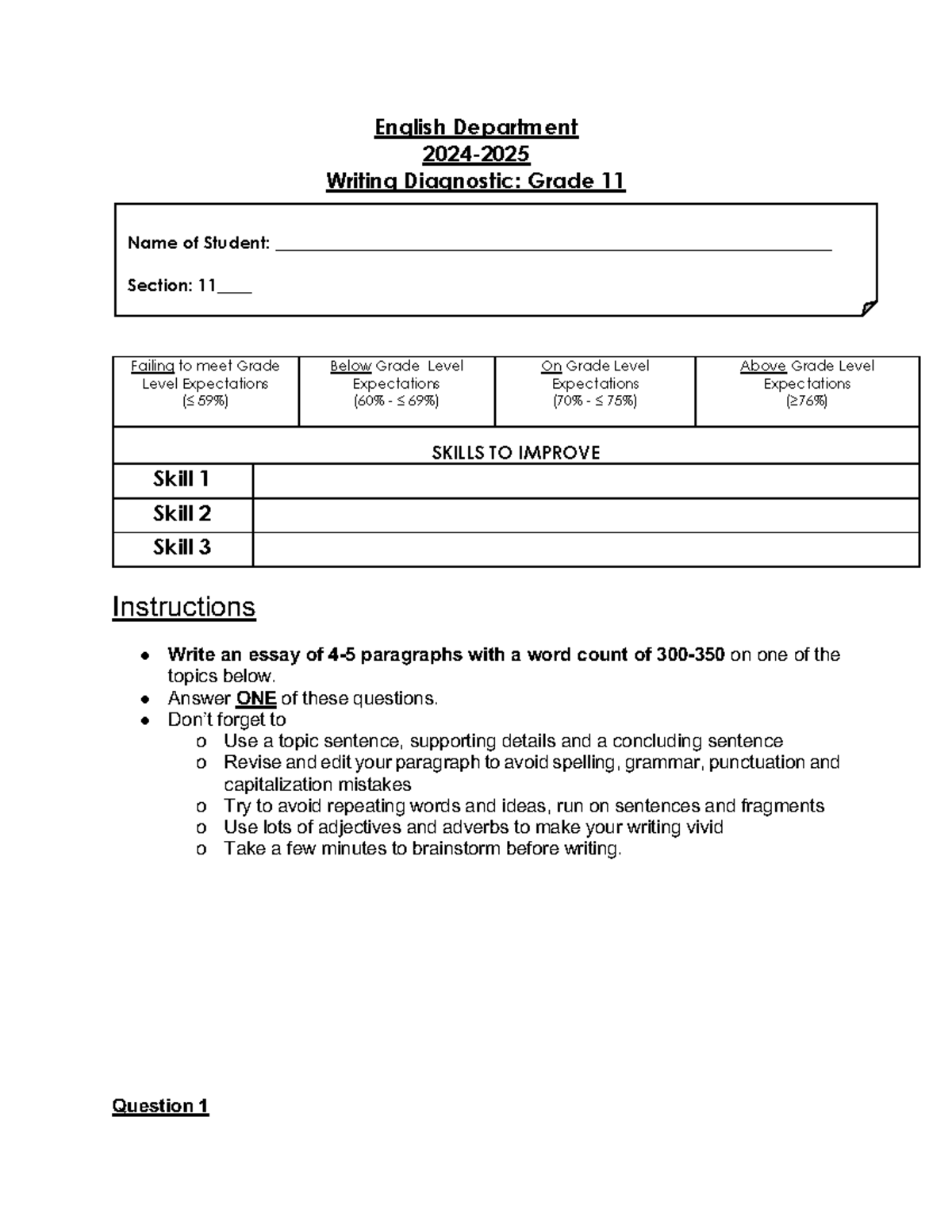 Writing Diagnostic Grade 11 - English Department 2024 - 2025 Writing ...