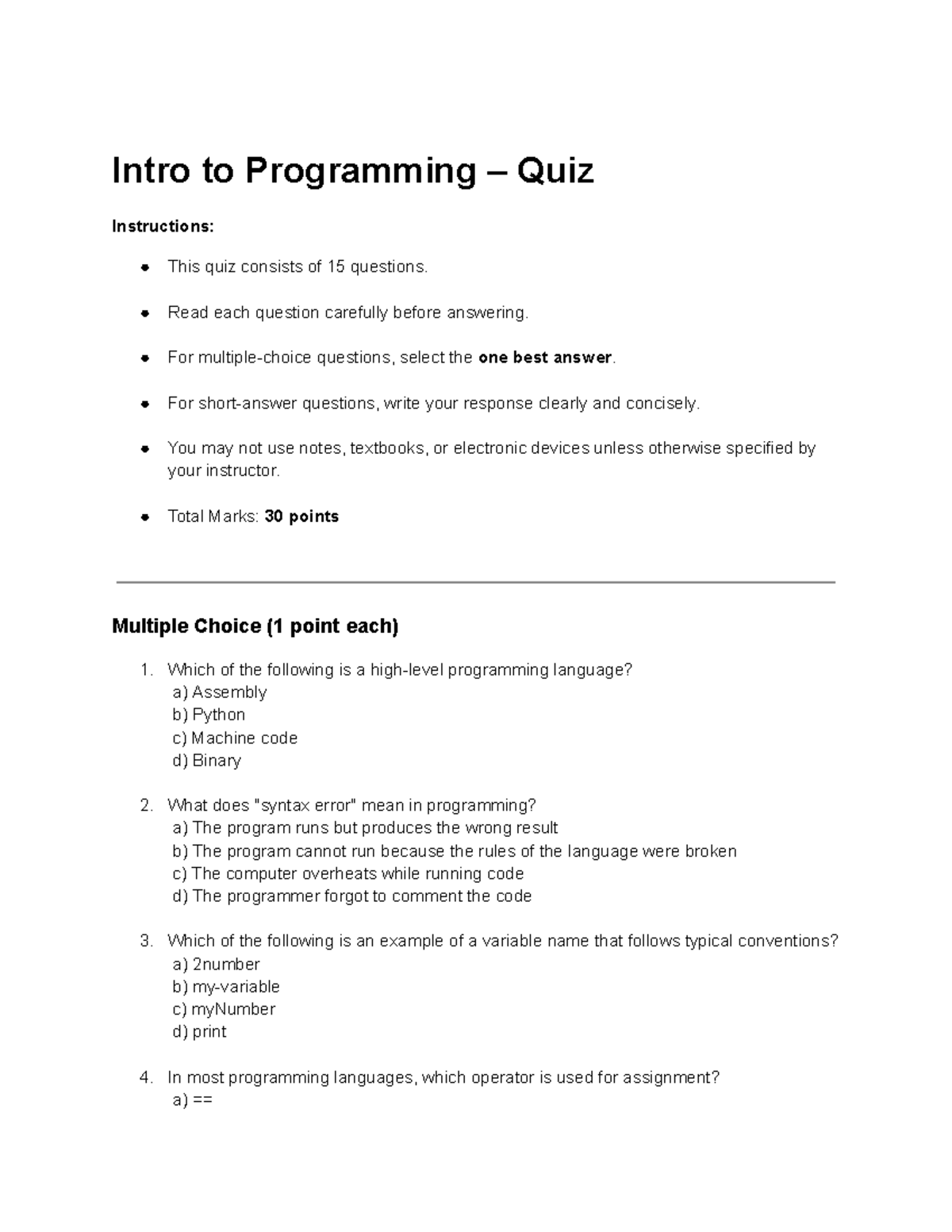 Programming Revision Quiz - Intro to Programming (Quiz) - Studocu