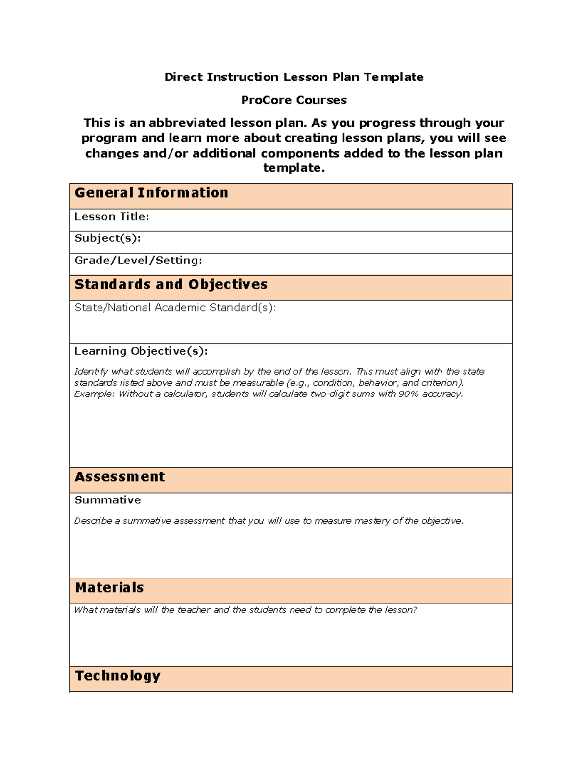 Direct Instruction Lesson Plan Template for ProCore Courses - Studocu