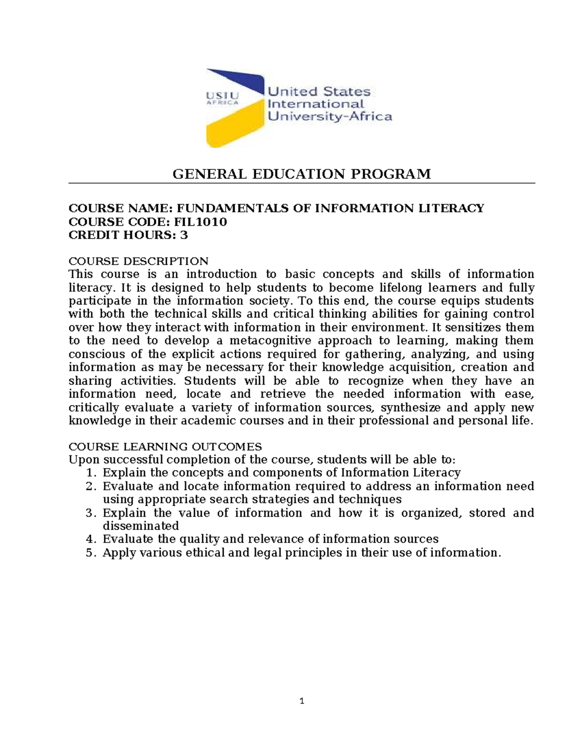 FIL 101: Course Outline for Fundamentals of Information Literacy - Studocu