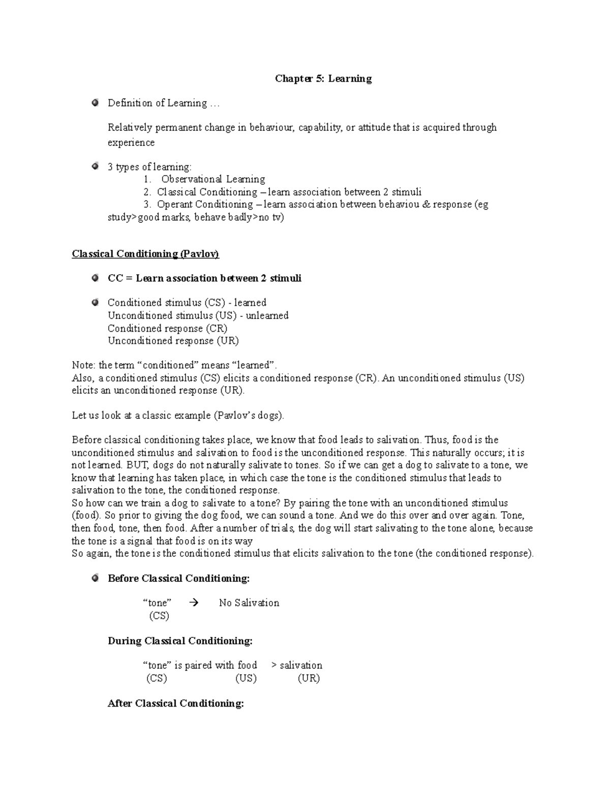 Chapter 5 - Notes - Chapter 5: Learning Definition of Learning ...