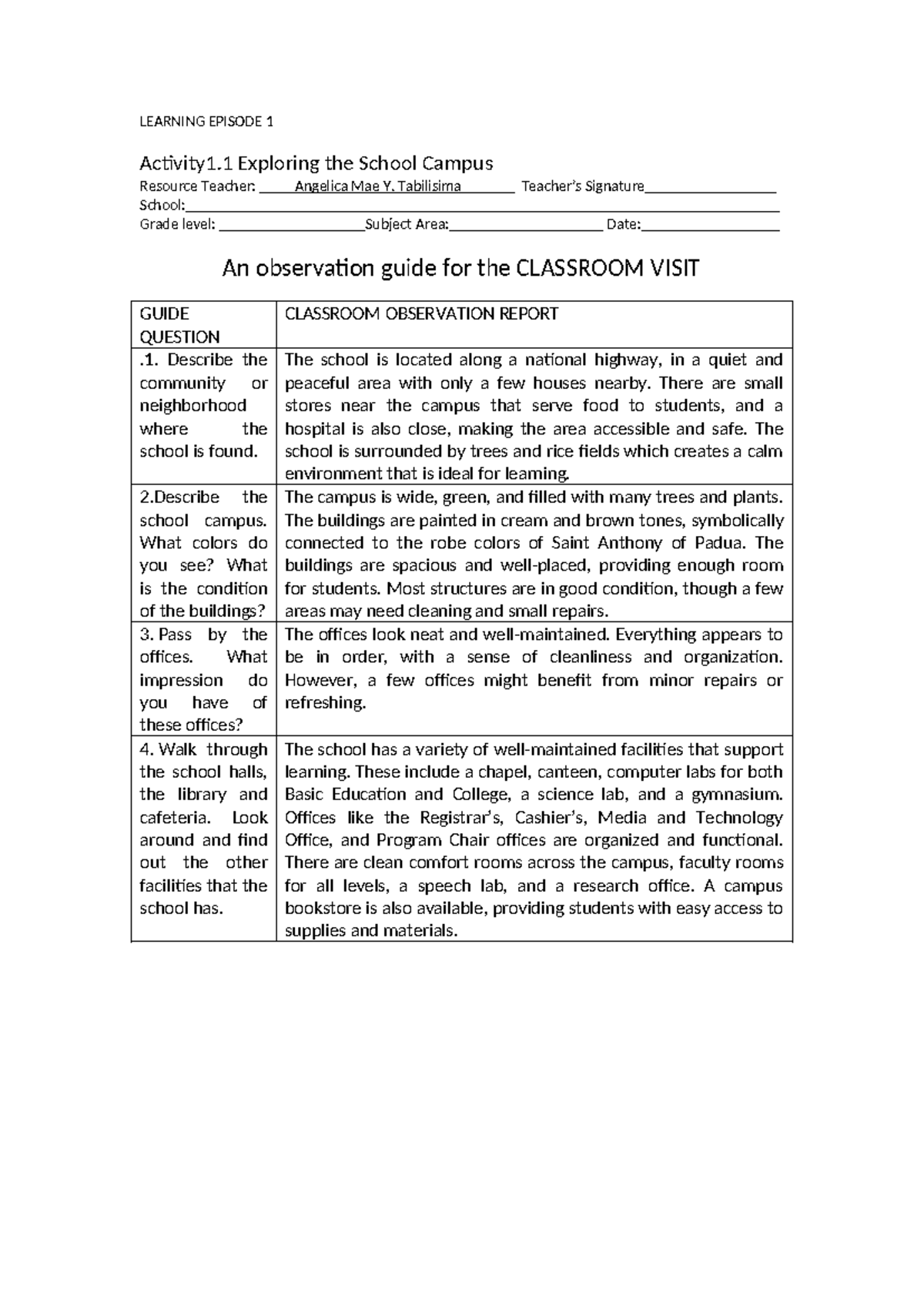 LEARNING EPISODE 1: Activity 1.1 School Campus Observation Report - Studocu