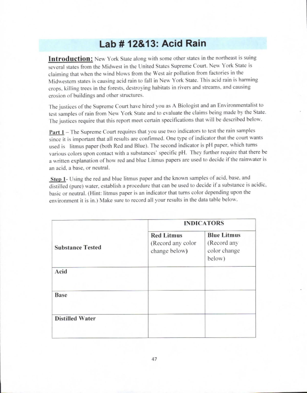 Acid rain lab - lab - Lab Acid Rain Introduction: New York State along ...