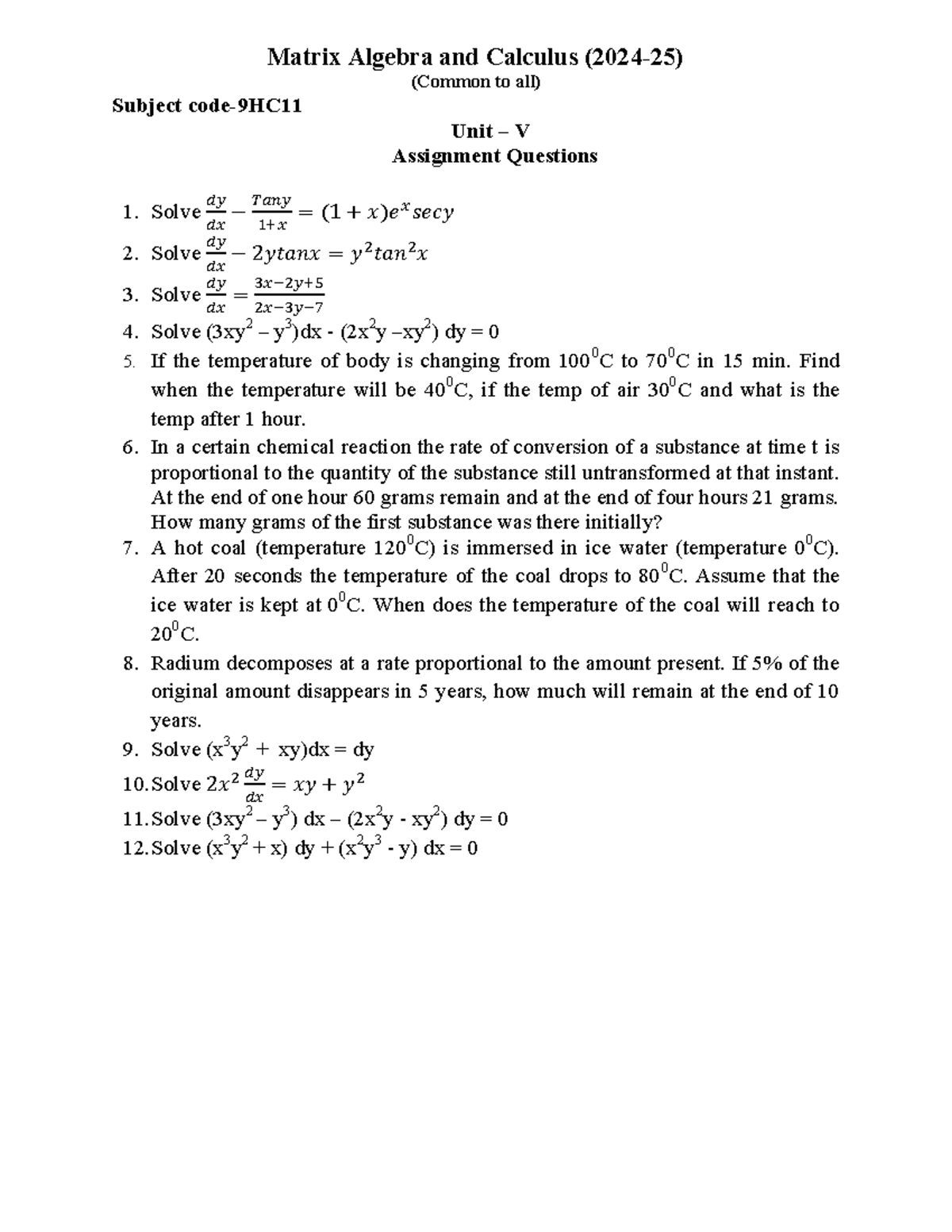 Unit V - Important Assignment Questions on Matrix Algebra and Calculus ...