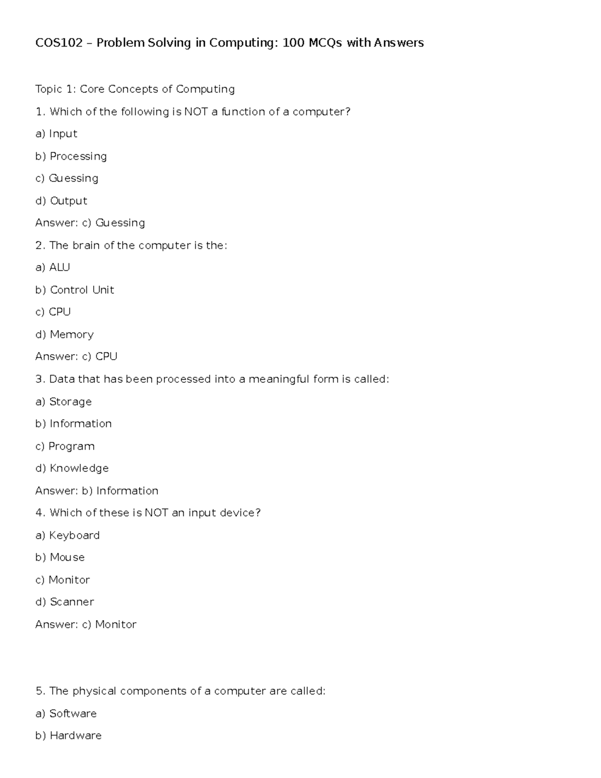COS102 Problem Solving in Computing: 100 MCQs with Answers - Studocu