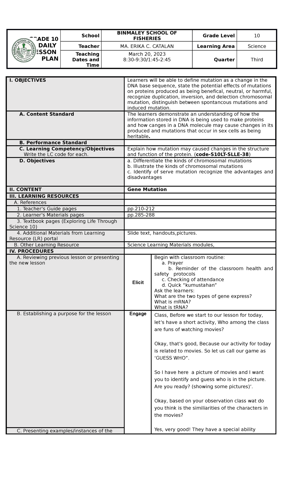 GENE- Mutation Lesson Plan for Grade 10 Science Class - Studocu