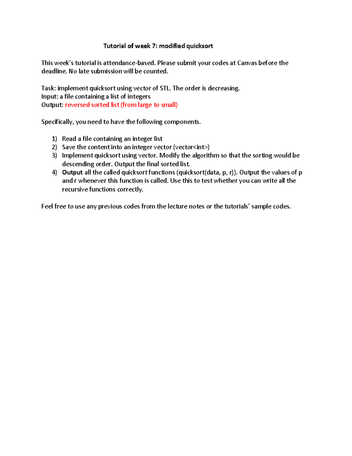 CS101 Tutorial Week 7: Implementing Modified Quicksort Algorithm - Studocu