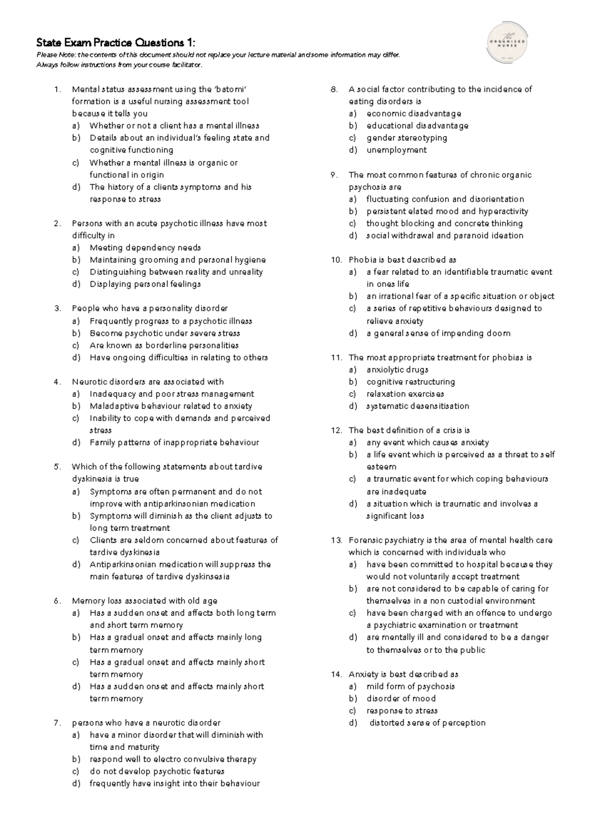 State Exam Practice Questions 1: Key Insights for Candidates - Studocu