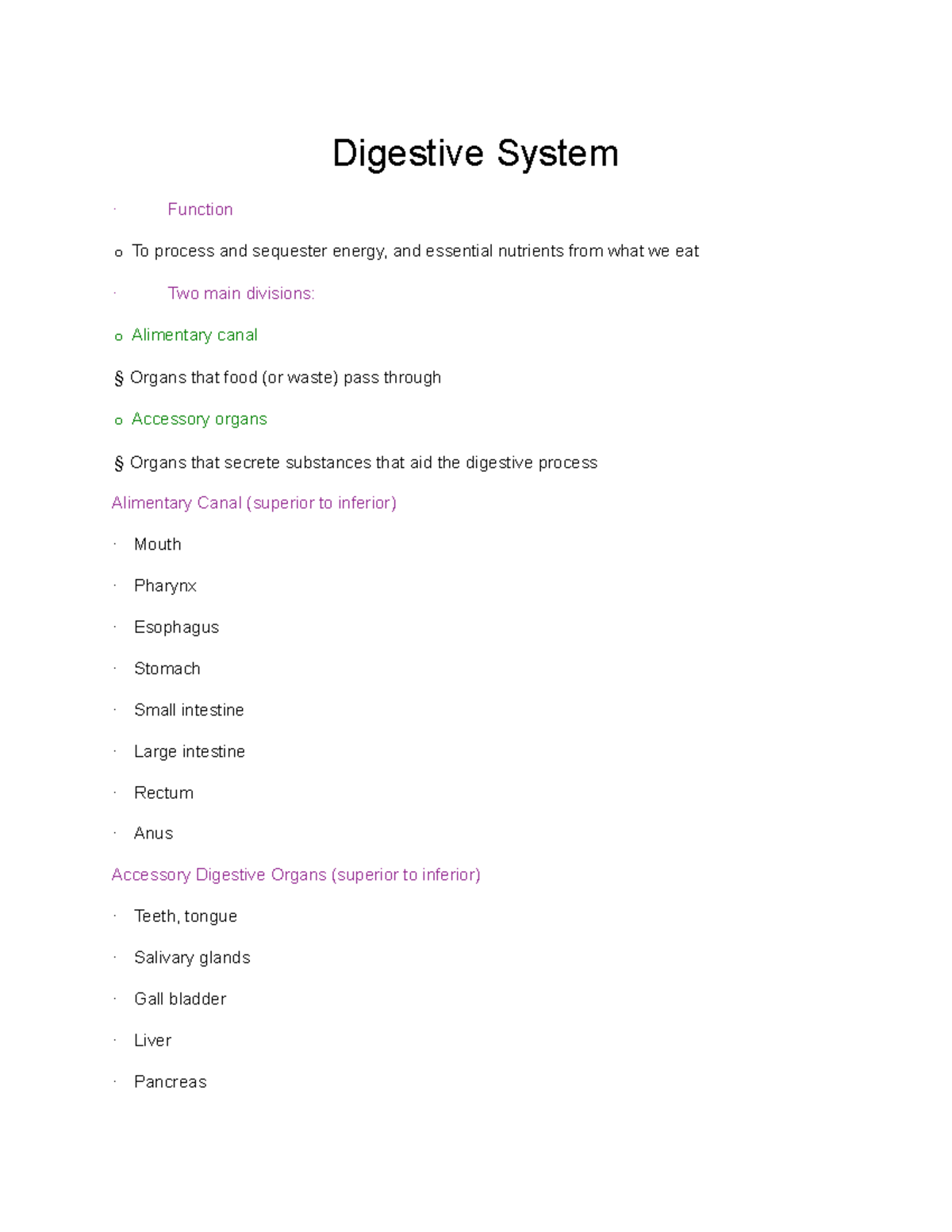 Digestive System Function and Anatomy Notes (BIO 101) - Studocu