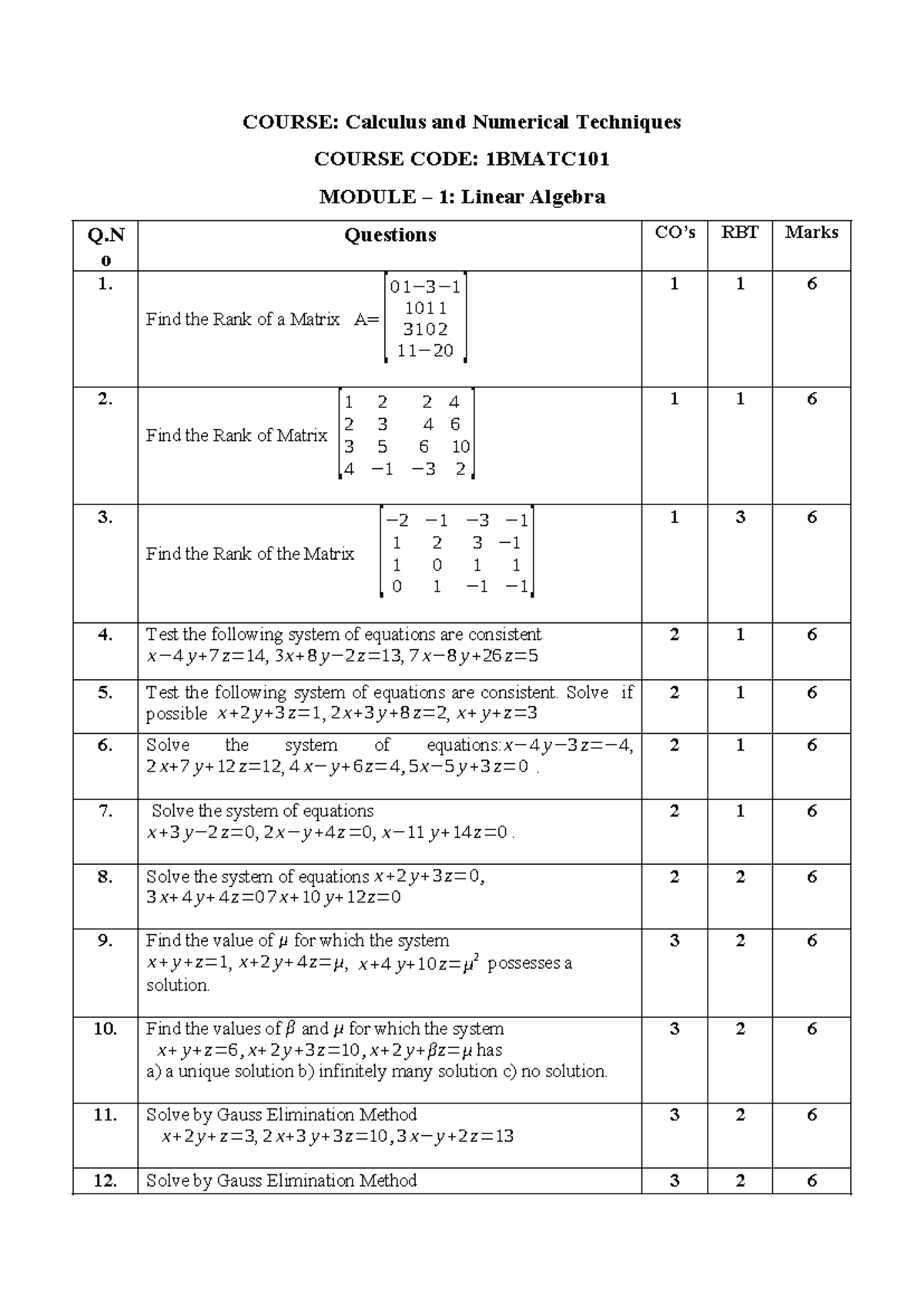 Calculus and Numerical Techniques 1BMATC101: Linear Algebra & Polar ...