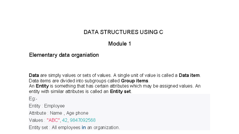 DATA STRUCTURES USING C - BCA DS Module 1 Overview - Studocu