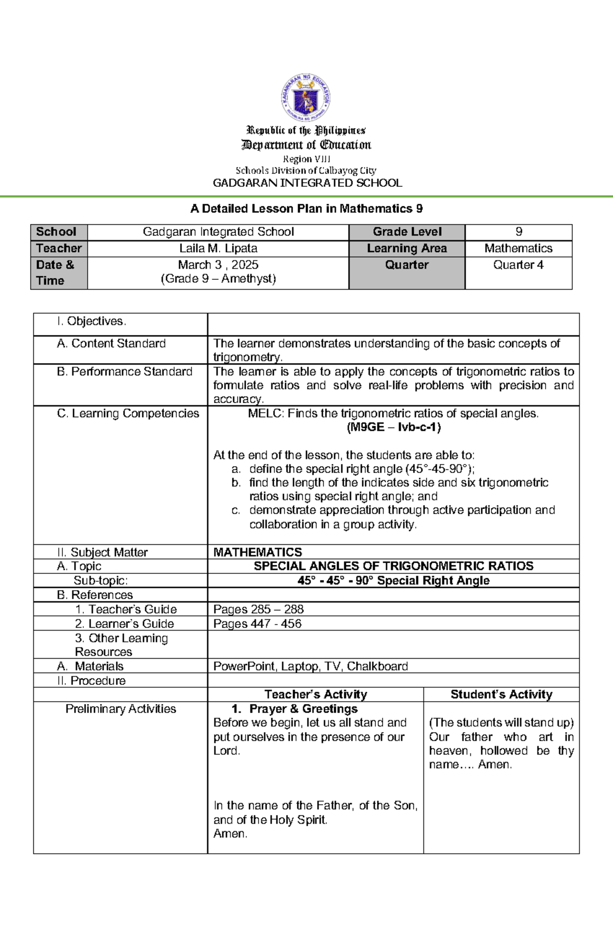 G9-week2-DLP 1 - lp for math 9 - Republic of the Philippines Department ...