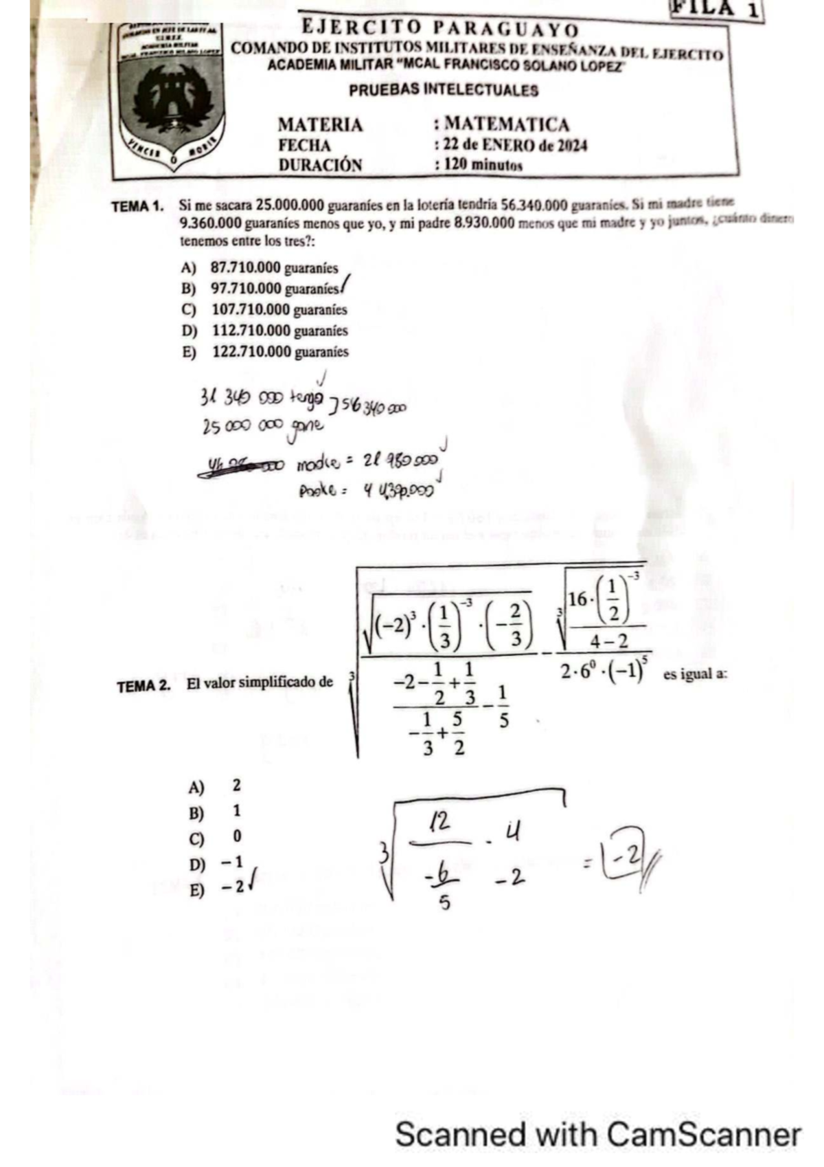 FILA 1 - EXAMEN DE MATEMÁTICA 2024 - PRUEBAS INTELECTUALES - Studocu