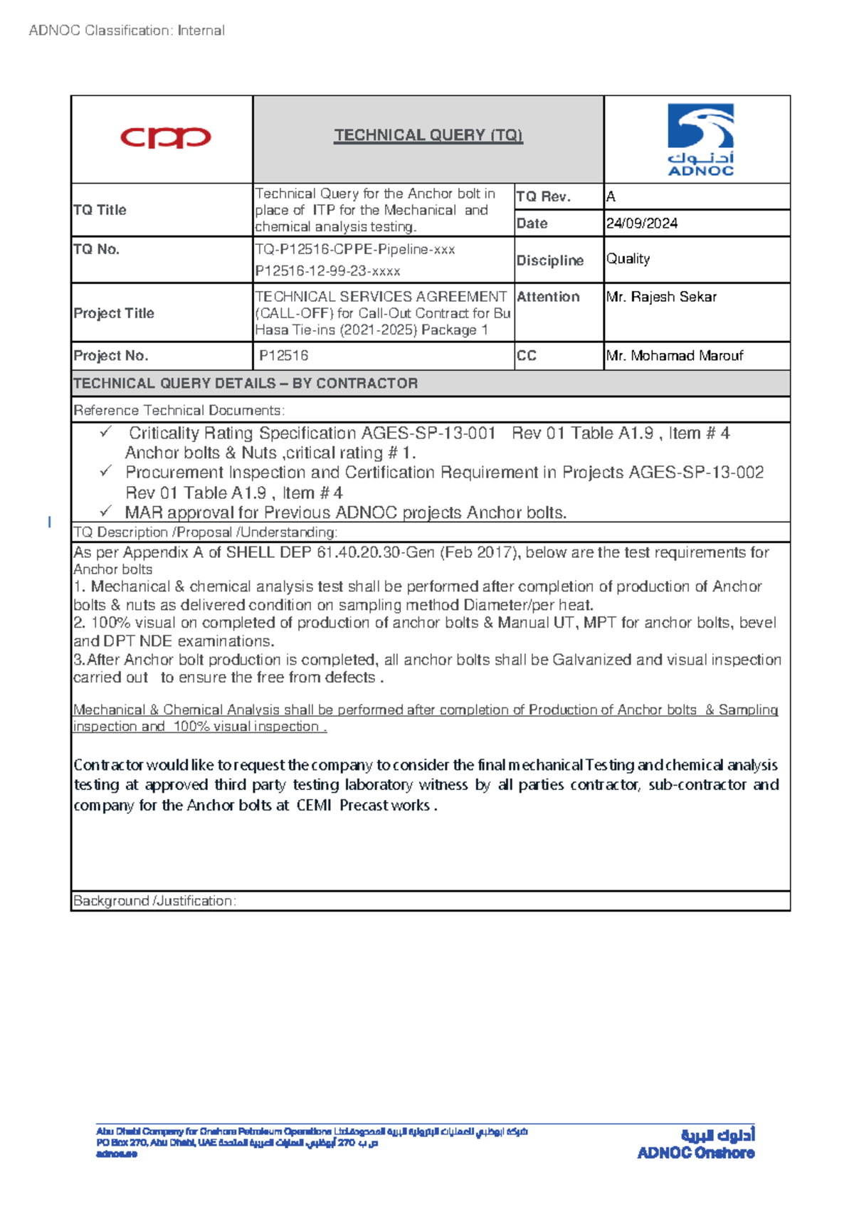TQ-P12516-CPPE - Technical Query for Anchor Bolts at CEMI Precast Works ...