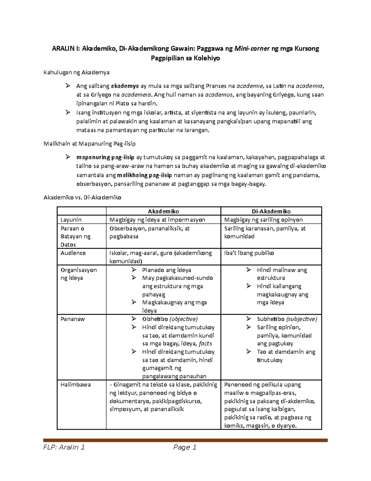 Aralin 1: Akademikong Konsepto at Di-Akademikong Gawain - Studocu