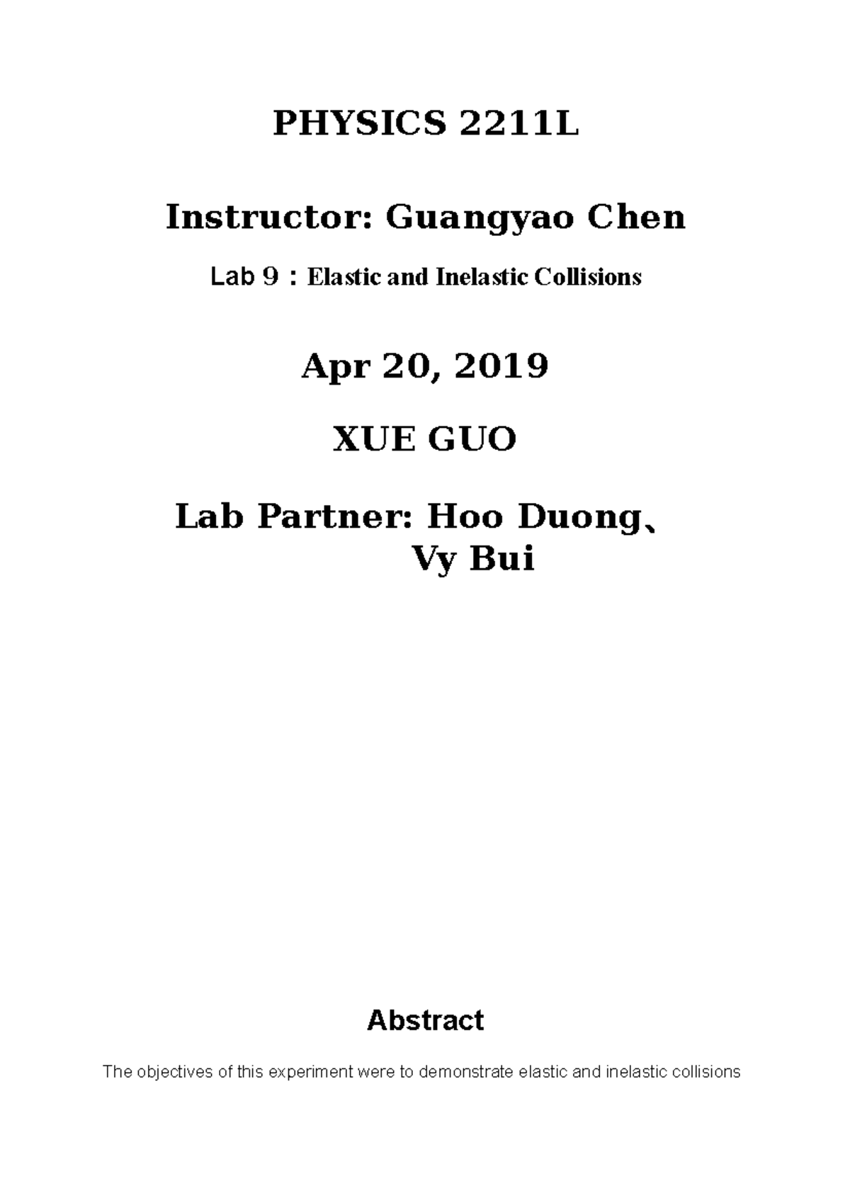 Physics 2211L Lab 9: Exploring Elastic & Inelastic Collisions - Studocu