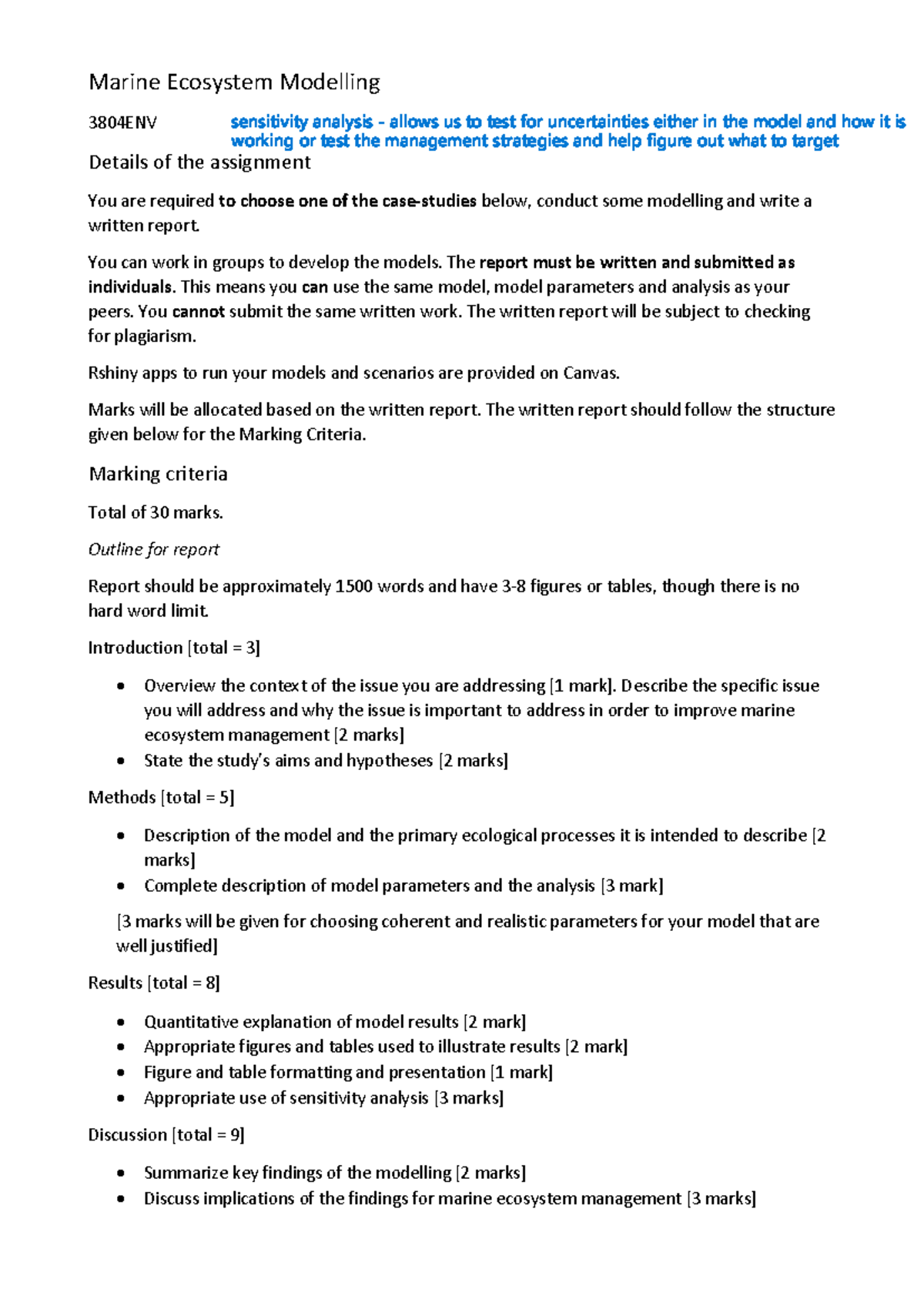 Marine Ecosystem Modelling 3804ENV: Sensitivity Analysis for Little ...