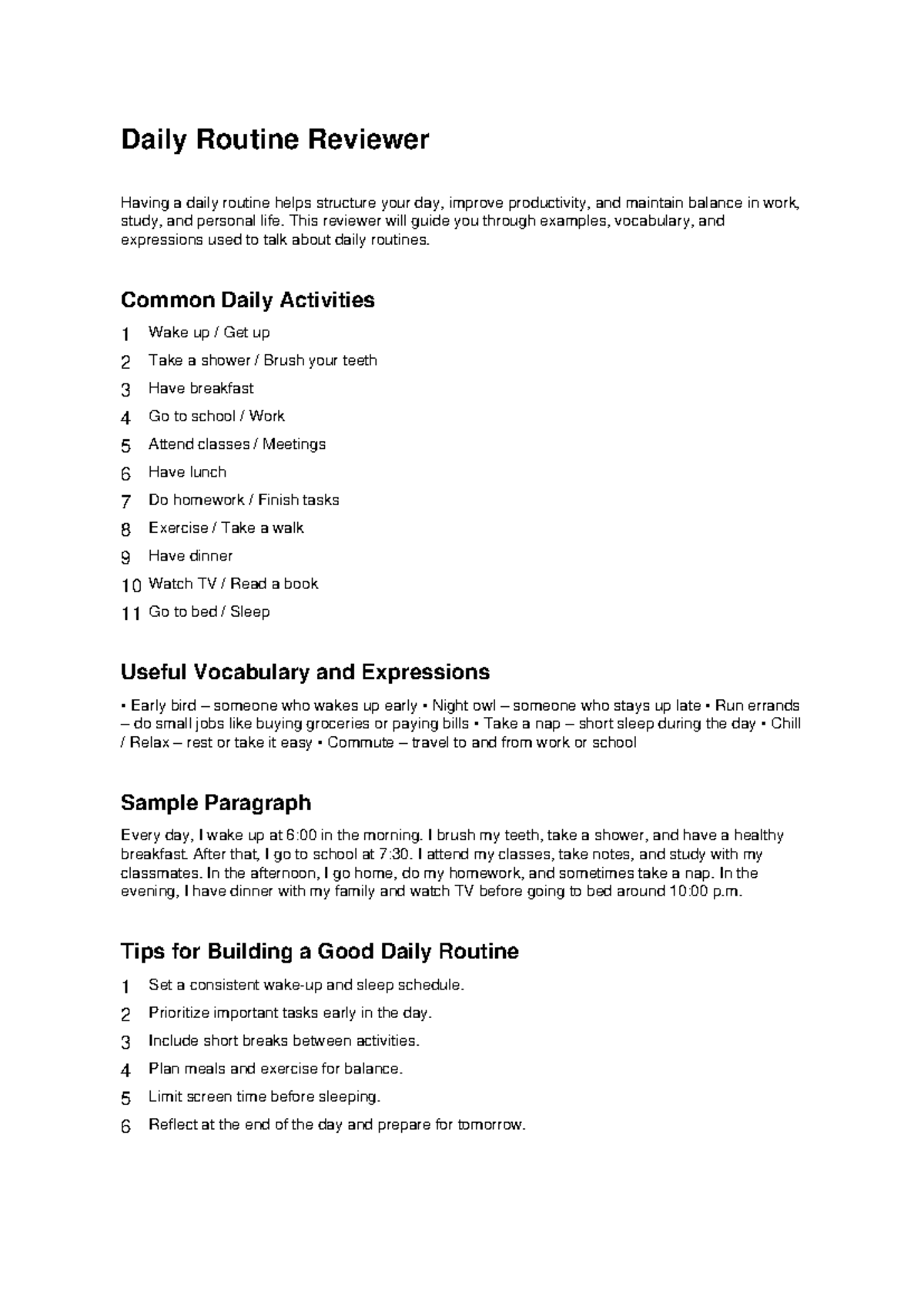Daily Routine Guide: Tips & Vocabulary for Productivity - Studocu