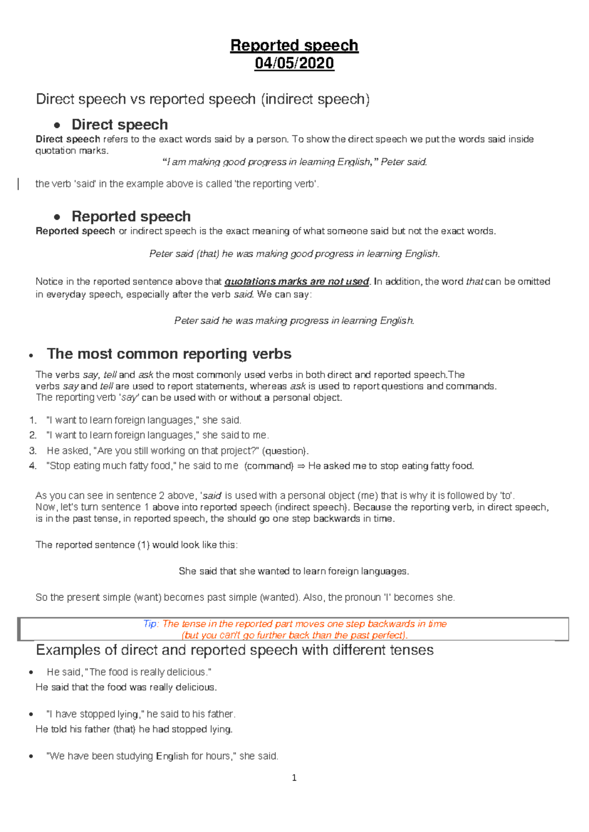 Grade 7 English FAL Reported Speech Lesson Plan & Notes - Studocu