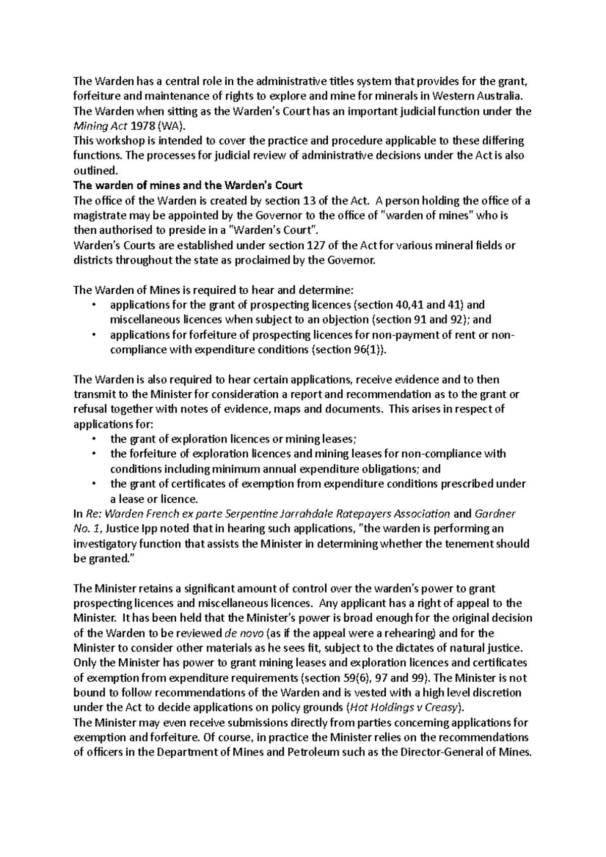 Mining Warden & Court: Practice, Procedure, and Judicial Review - Studocu