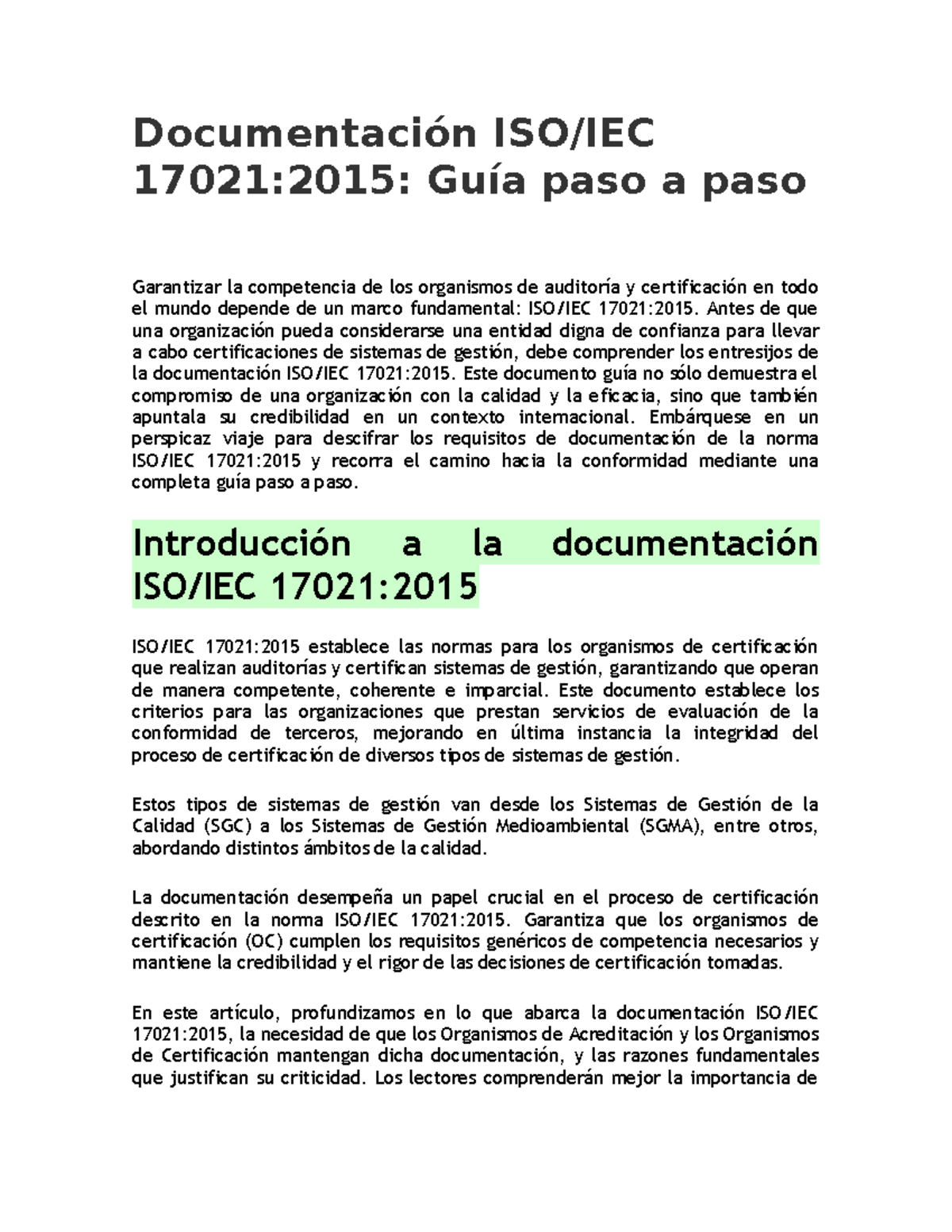 Guía Completa para la Documentación ISO/IEC 17021:2015 paso a paso - Studocu