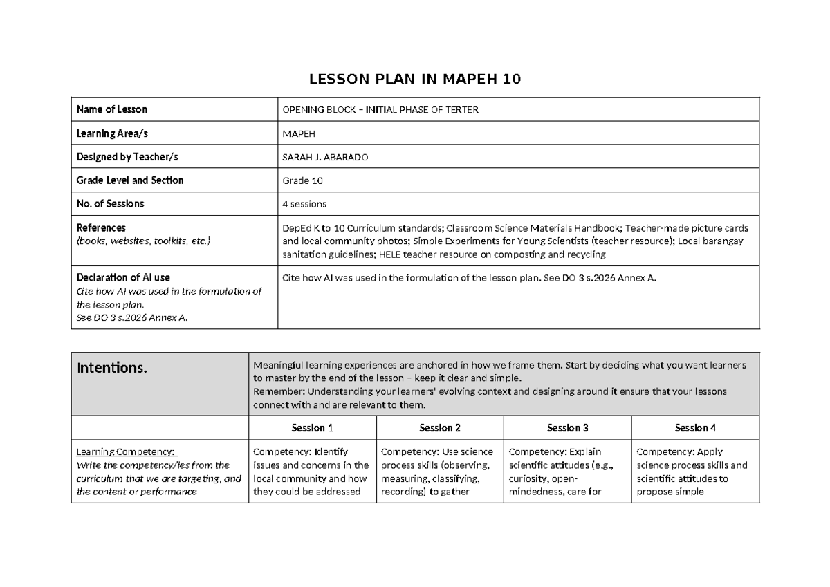 MAPEH 10 Lesson Plan: Opening Block Initial Phase of Terter - Studocu