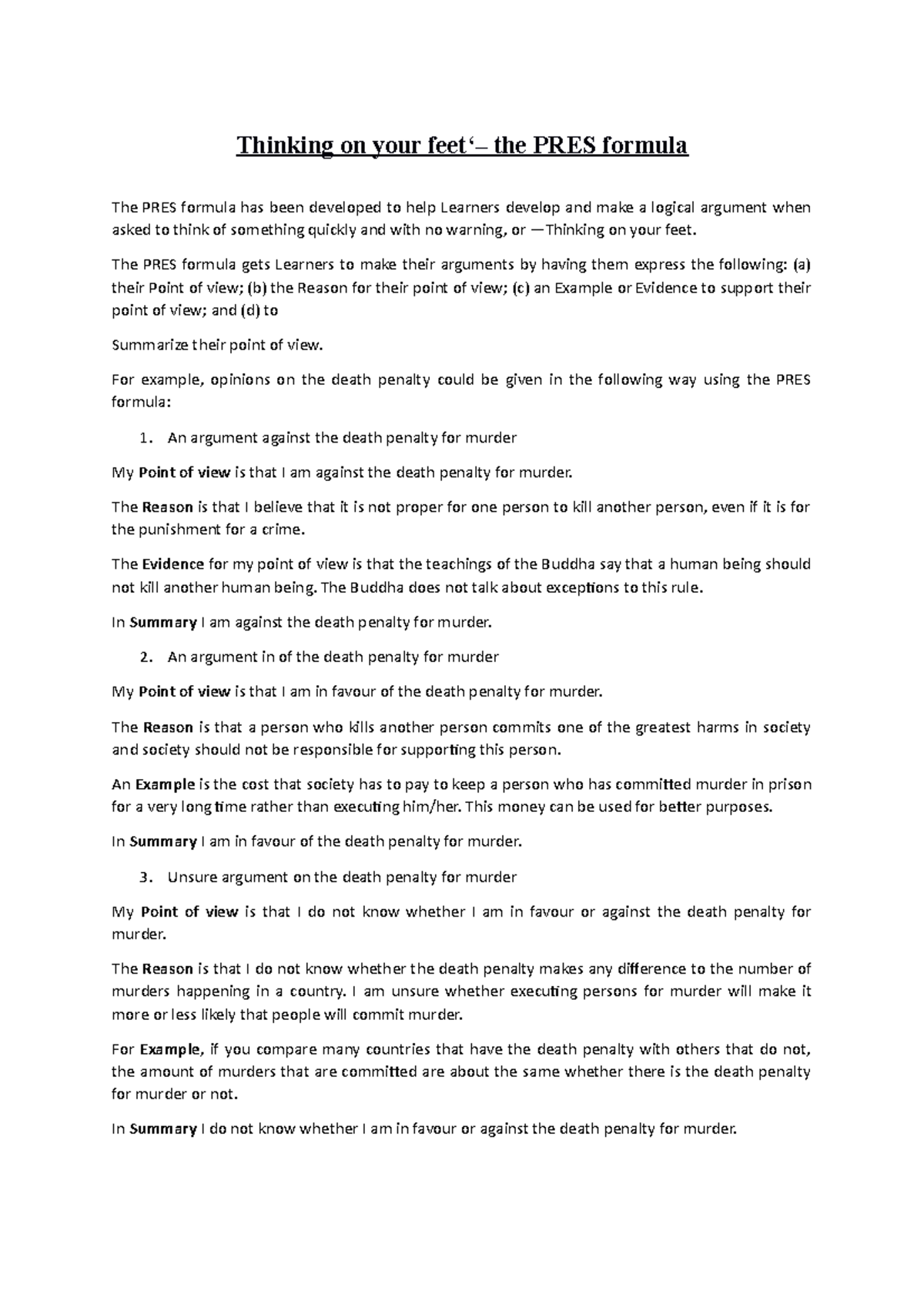 PRES Formula Example for Assessment: Arguments Made Easy - Studocu