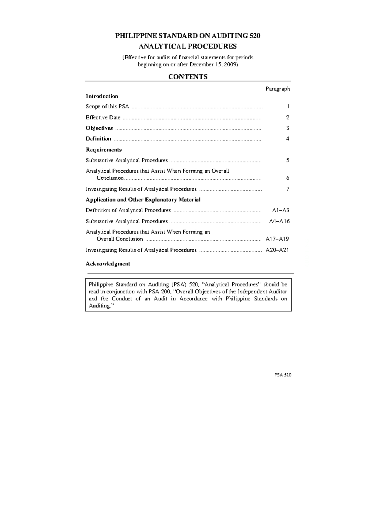 PSA 520: Analytical Procedures in Auditing Standards - Studocu