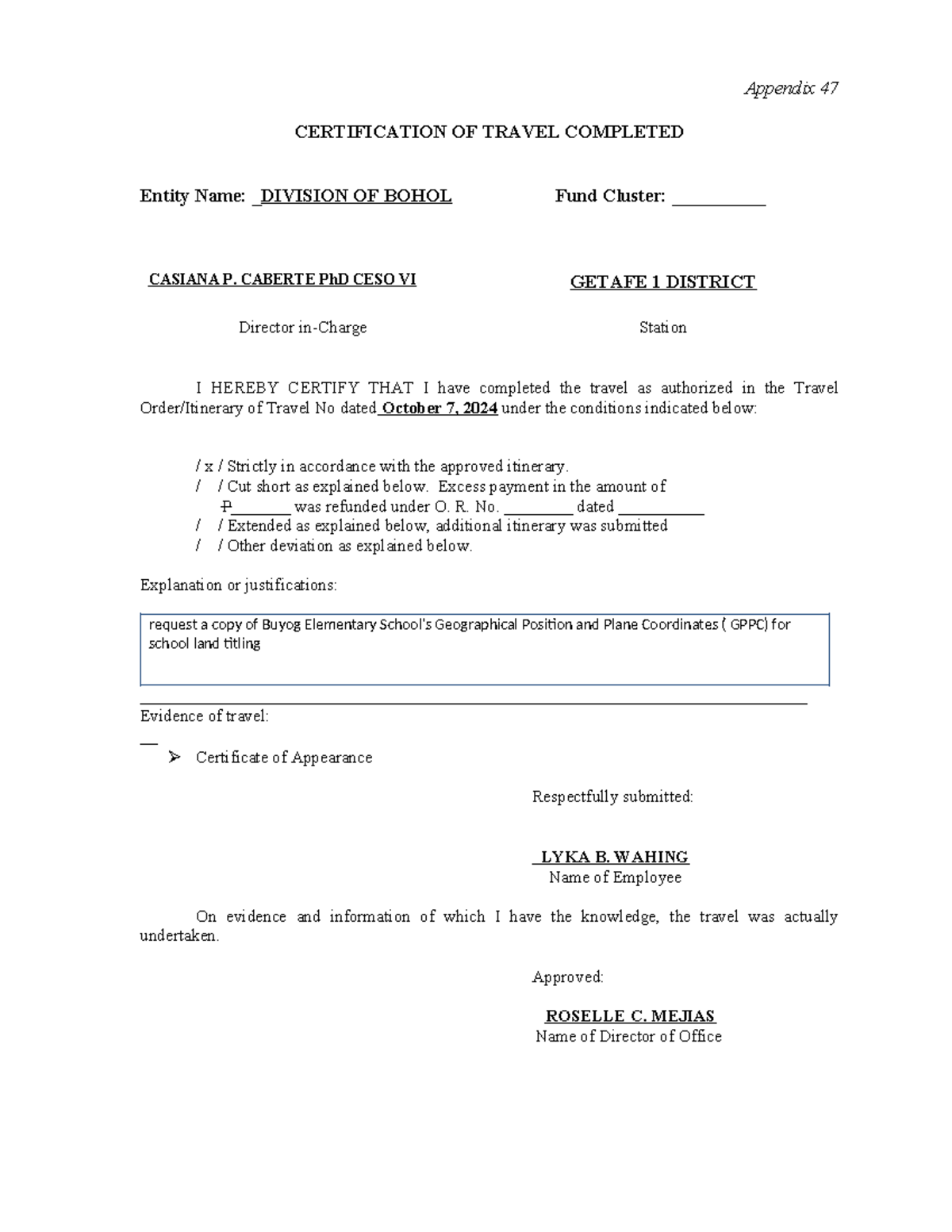 Appendix 47: Travel Certification Report for Bohol Division - Studocu