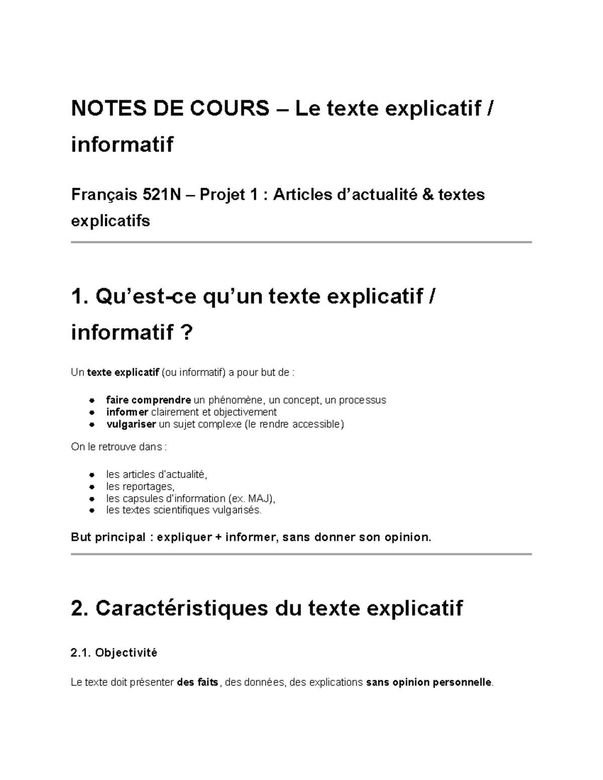 Notes de Cours : Texte Explicatif Informativ (Français 521N) - Studocu