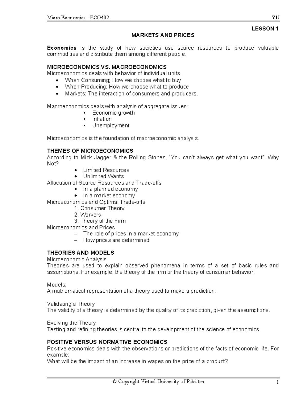 402 handouts 1-45 lectures - LESSON 1 MARKETS AND PRICES Economics is ...
