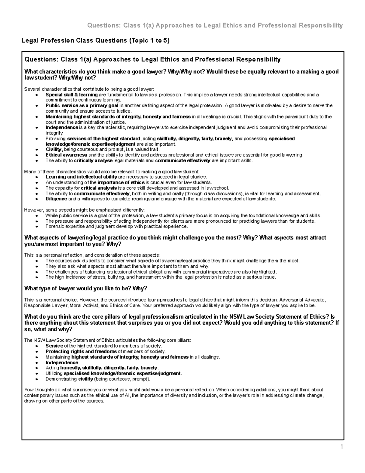 Questions: Class 1(a) & 1(b) Legal Ethics, Professional Responsibility ...