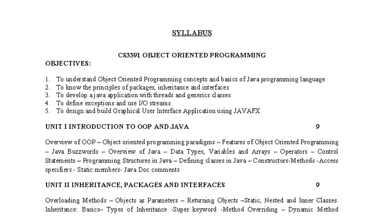 OOP-QB - Assignment Material - SYLLABUS CS3391 OBJECT ORIENTED PROGRAMMING OBJECTIVES: 1. To ...