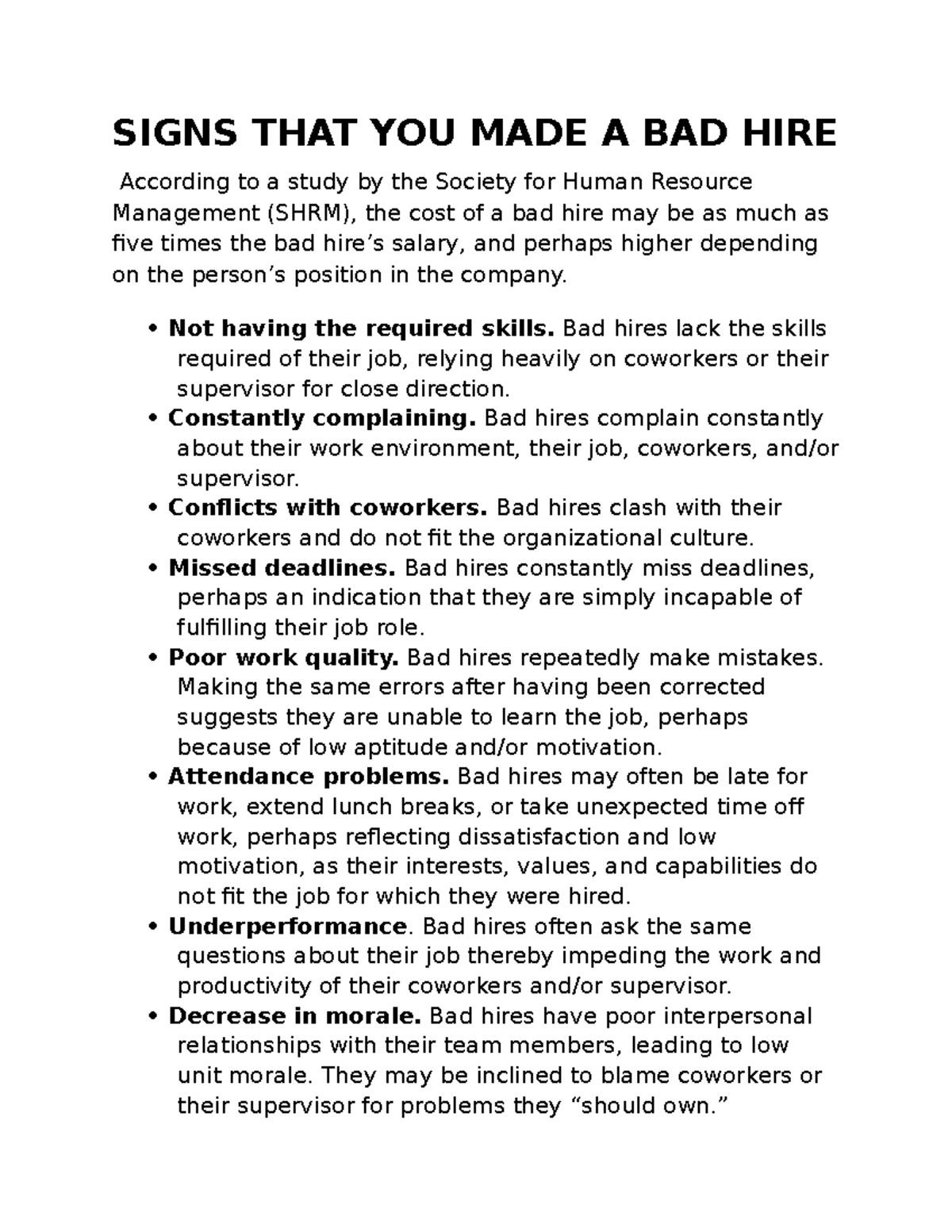 Chapter 1 notes - SIGNS THAT YOU MADE A BAD HIRE According to a study ...