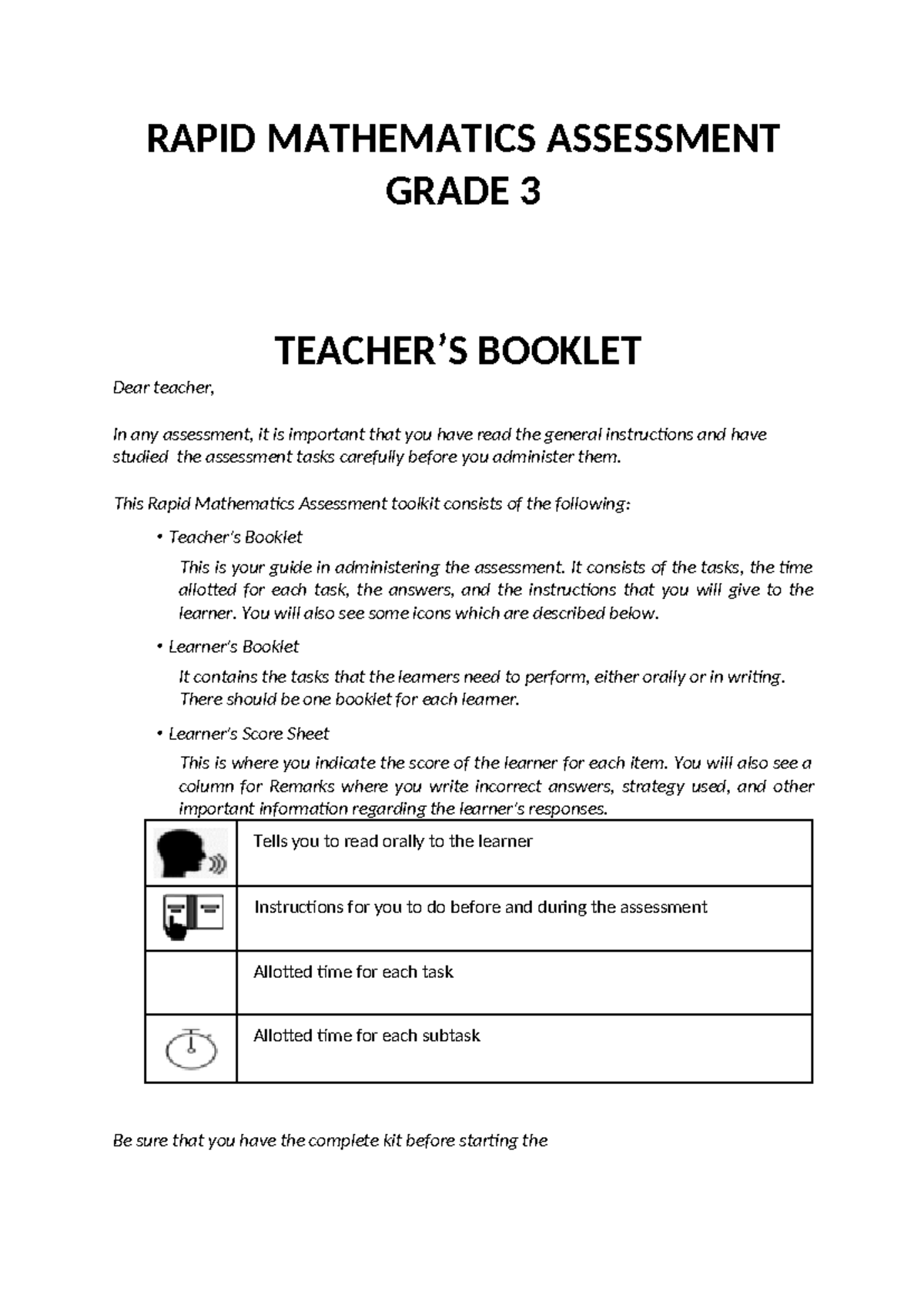 RMA Grade 3 Assessment Materials Teacher's Booklet - June 2023 - Studocu