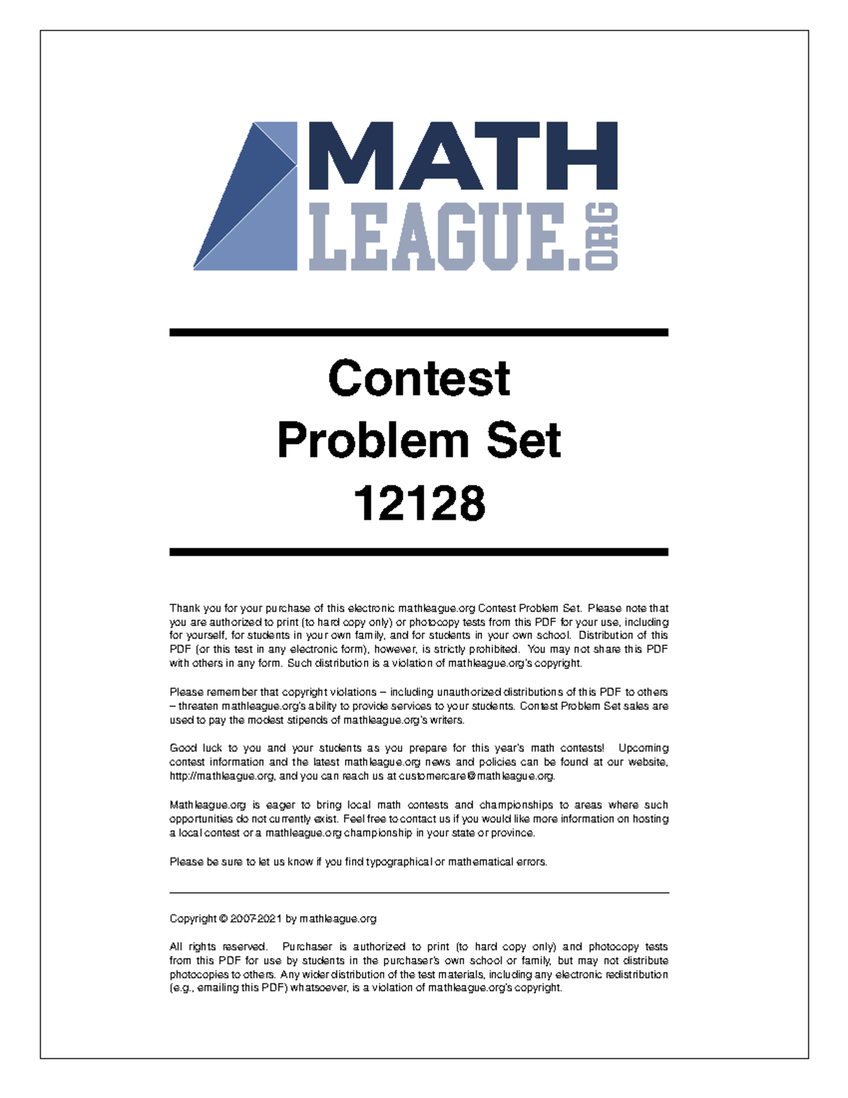 MathCount Contest Problem Set 12128 - Studocu